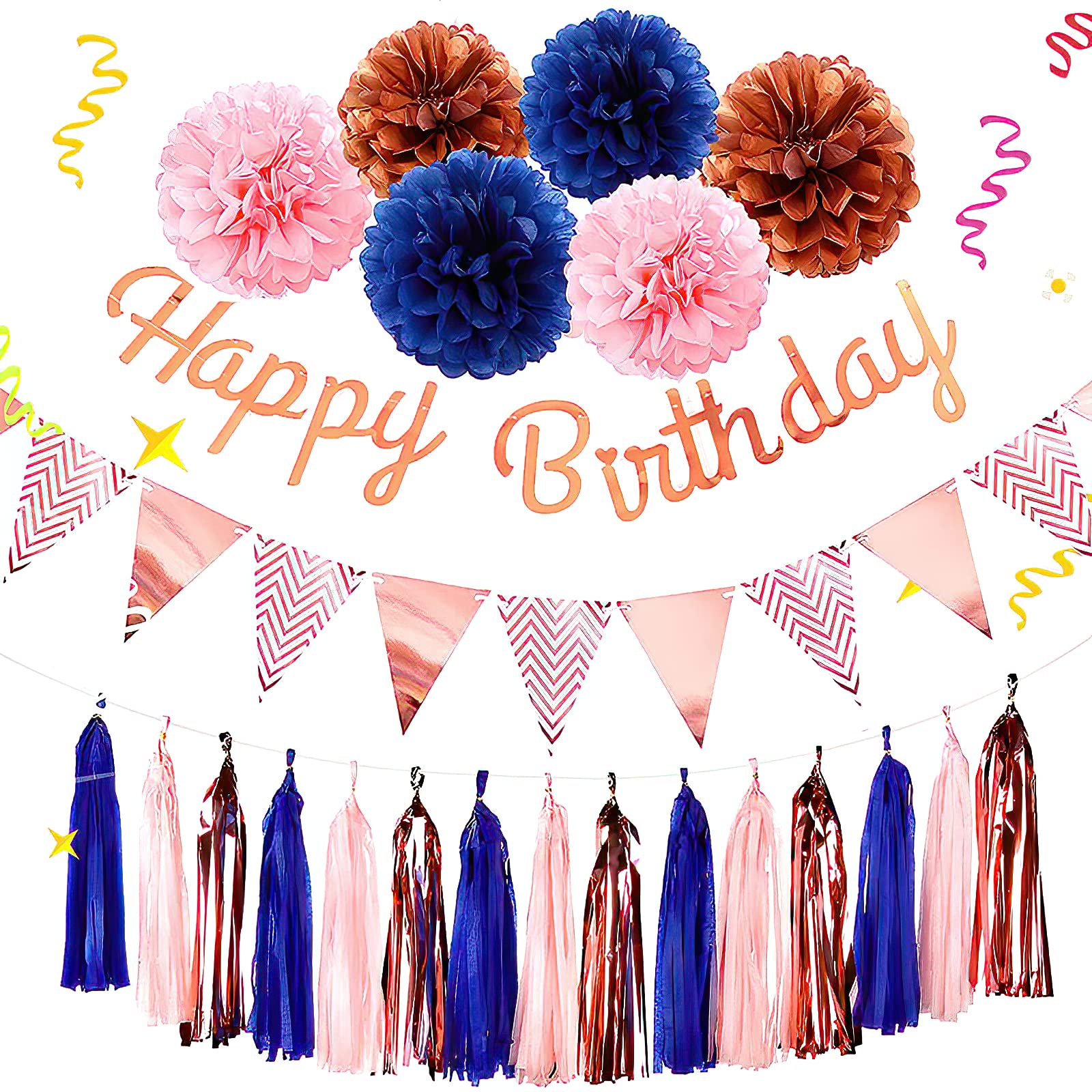 Rose gold and blue birthday party decorations set, including happy ...