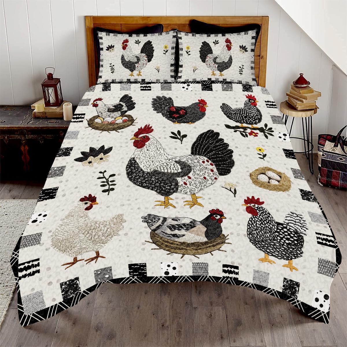 Amazon.com: Chicken Farmhouse Queen Quilt Set, Rooster Patchwork Style, Premium Patchwork ...