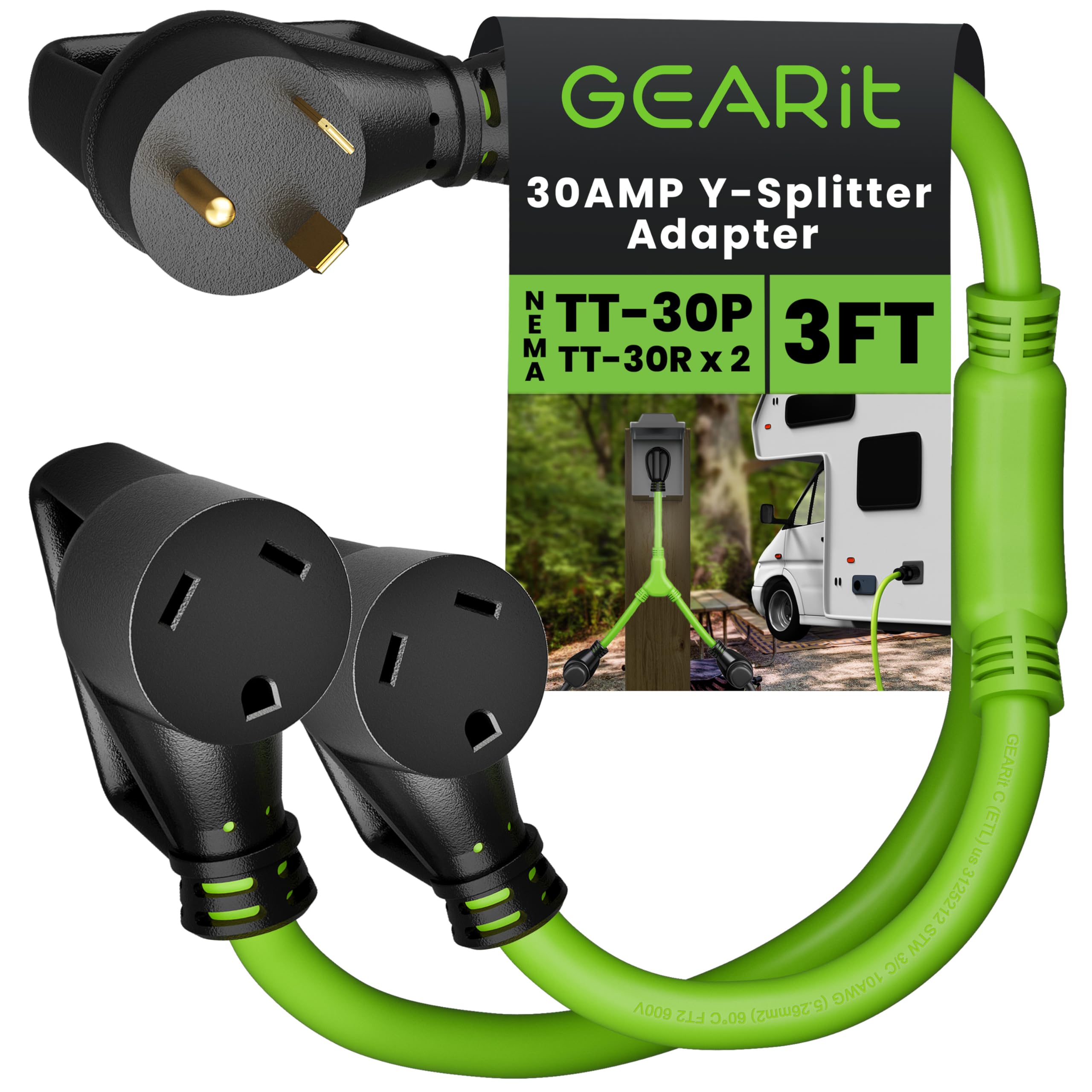 RV Y Adapter Cord 30 Amp to (2) 30 Amp, NEMA TT-30P to (2) NEMA TT-30R ...