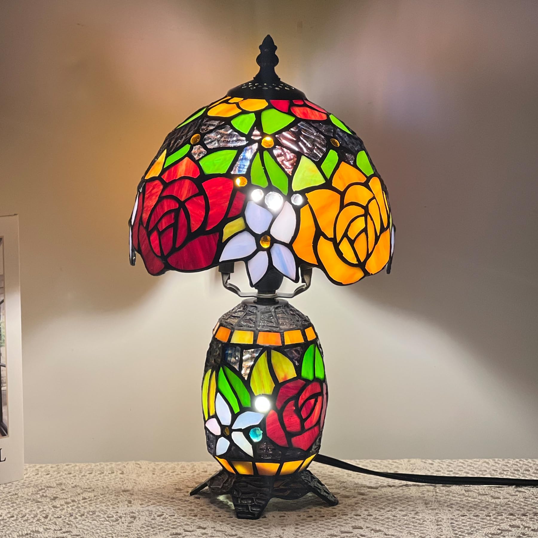 TCODTPOL Tiffany Style Small Table Lamp Red Yellow Stained Glass Rose ...