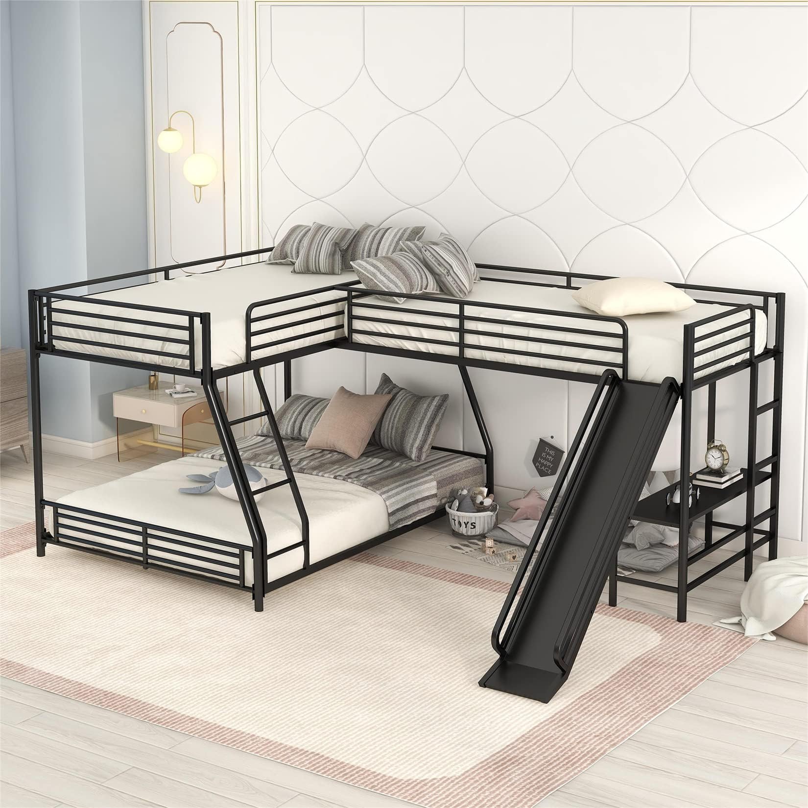 Amazon.com: Triple Bunk Beds with Slide L-Shape Low Bed Attached a Loft ...