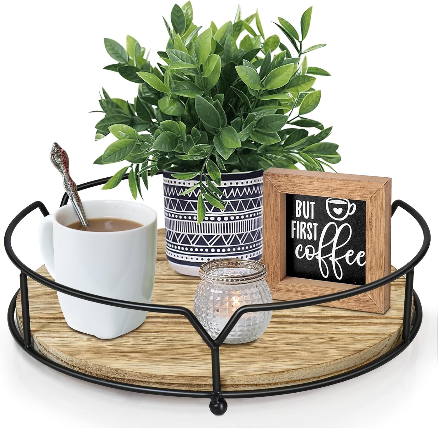 Amazon.com: Black Round Wood Serving Tray,Decorative Tray for Coffee ...