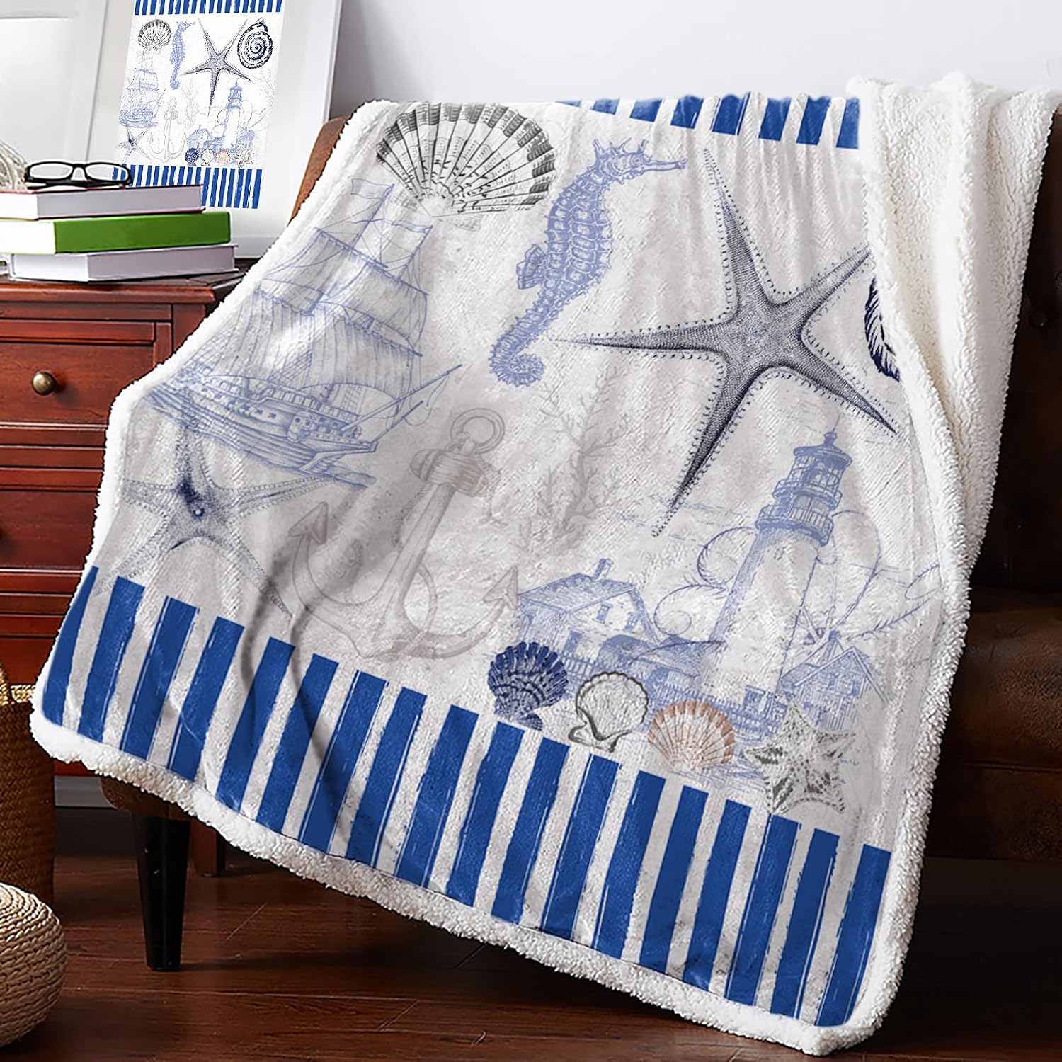 Amazon.com: Sherpa Fleece Throw Blanket Ocean Anchor Seashell Starfish ...