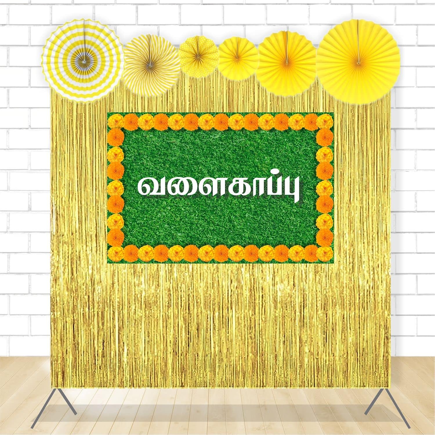 Untumble Valaikappu Stage Decoration with Foil Curtains, printed fabric ...