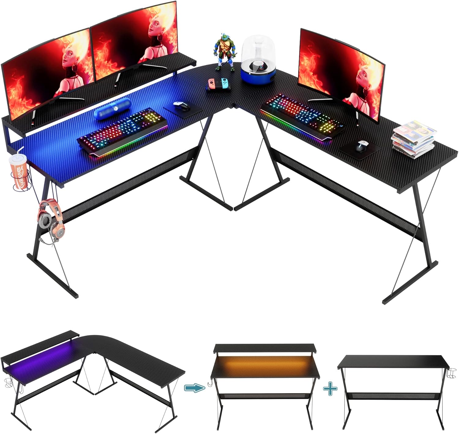 Amazon.com: Bestier 65 Inch L Shaped LED Gaming Computer Desk Modern ...