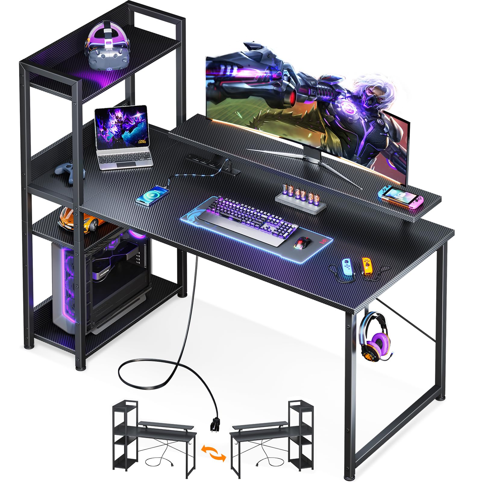 Buy ODK Reversible Gaming Desk with Power Outlets, 48 Inch Computer ...