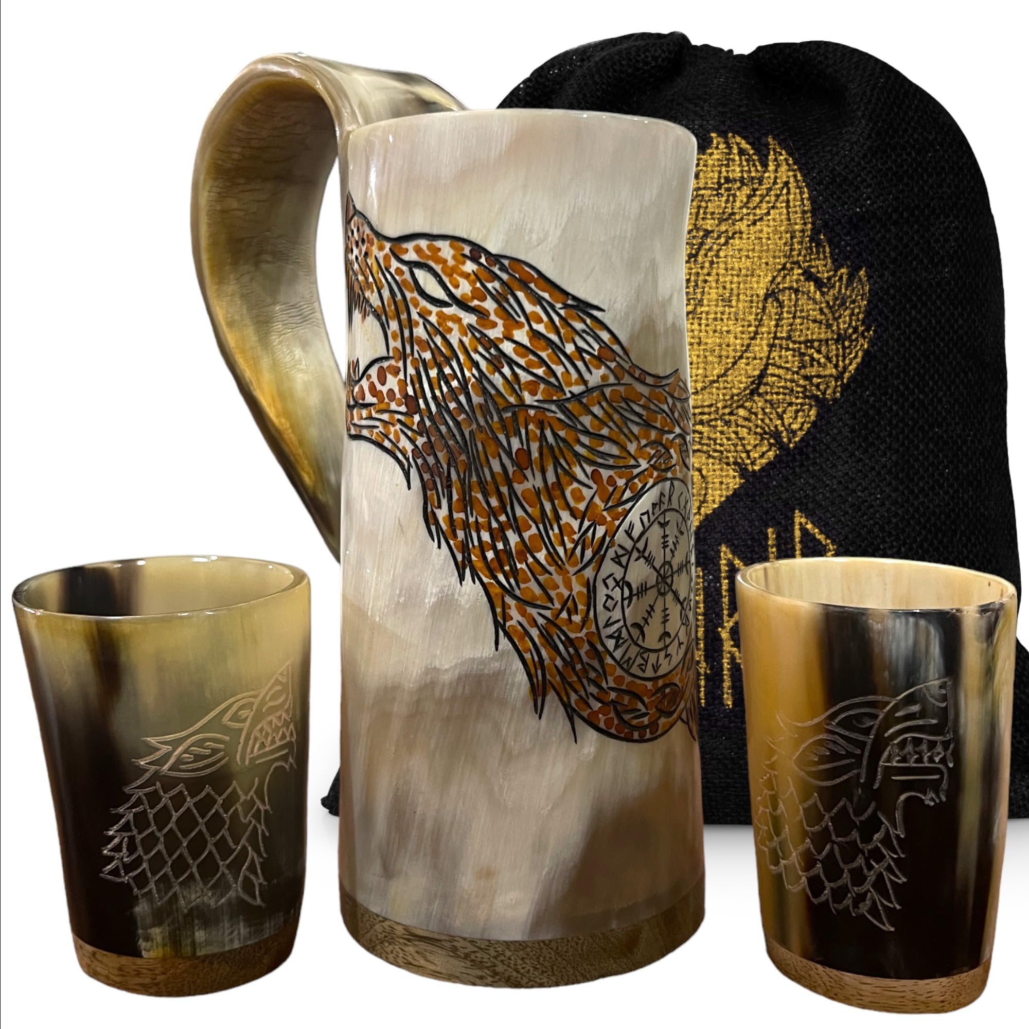 Amazon.com | FENRIR Viking Drinking Horn Mug | 2 Shot Glasses | Real ...