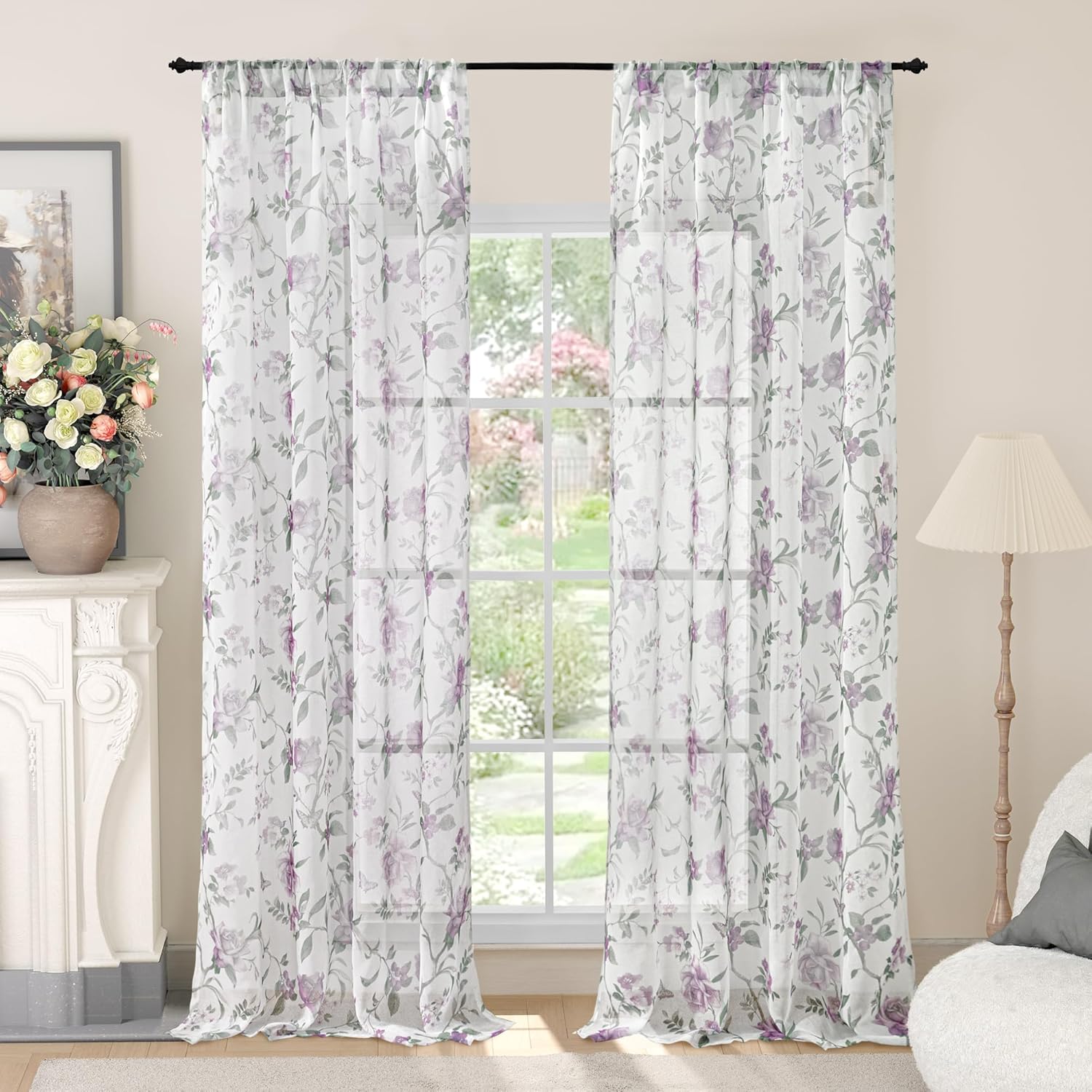 Amazon.com: Lajode Floral Sheer Curtains 84 Inch Length 2 Panels ...