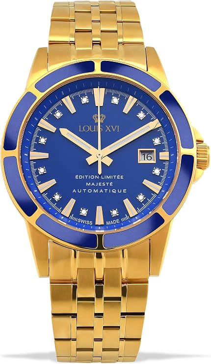 LOUIS XVI Majesté Men's Watch Steel Band Gold Blue Ceramic Real ...