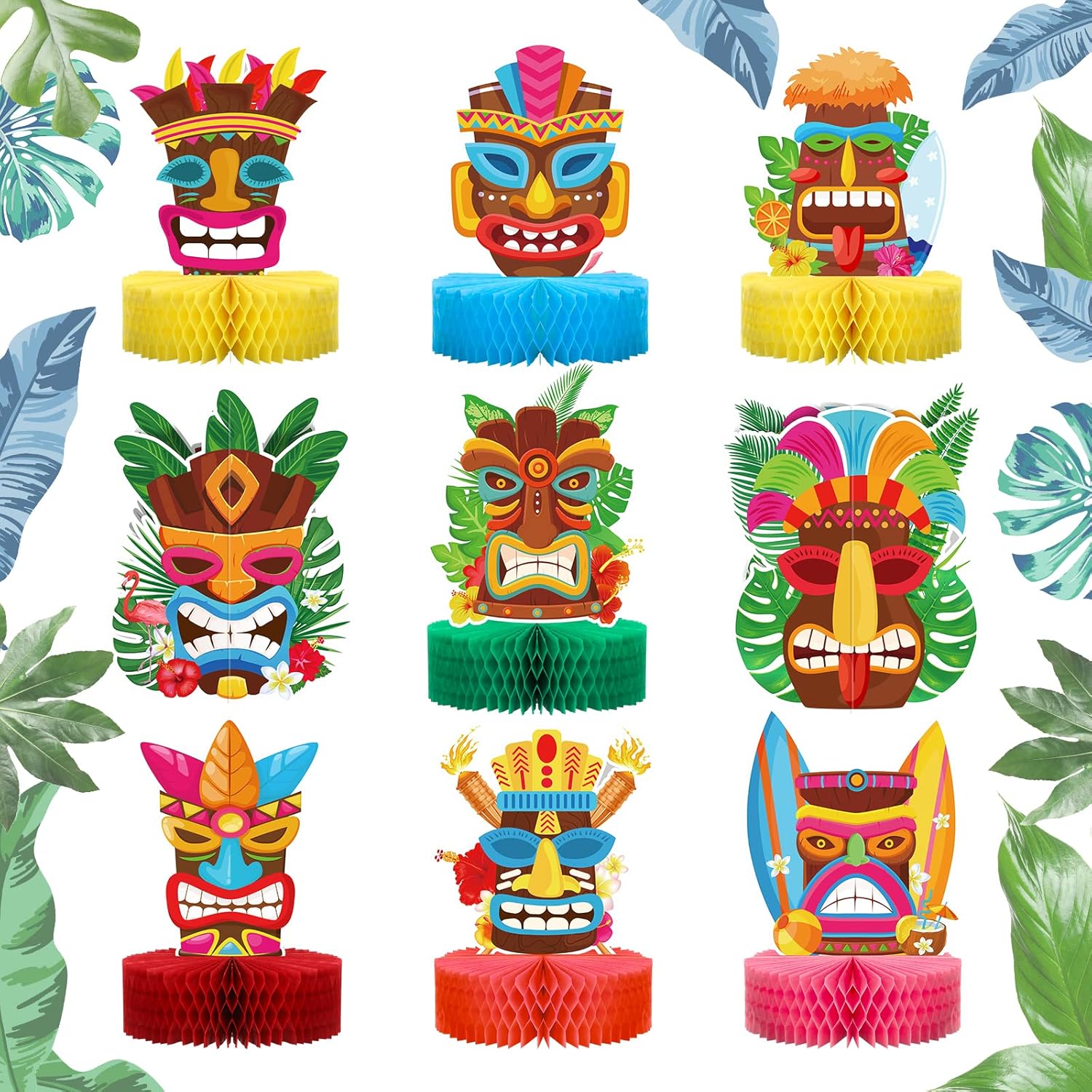 Amazon.com: 9 Pcs Tiki Hawaiian Luau Honeycomb Centerpiece Summer ...