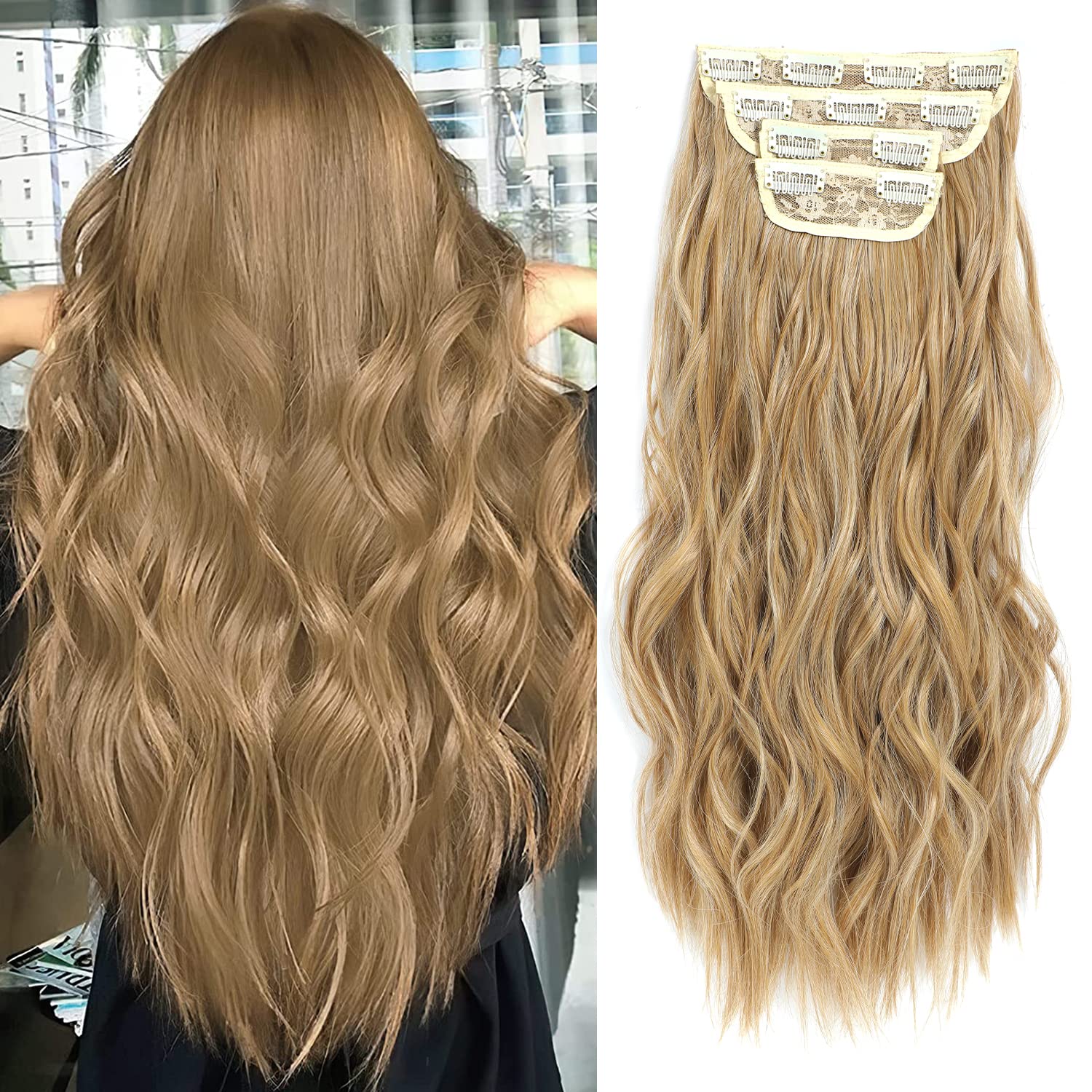 Clip in Hair Extensions, 4PCS Dark Blonde with Highlights Hair ...