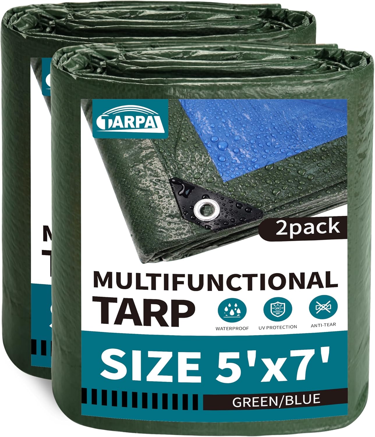 TARPAL 5x7 Feet Green Tarp Waterproof (2 Pack) Small tarps Multipurpose ...