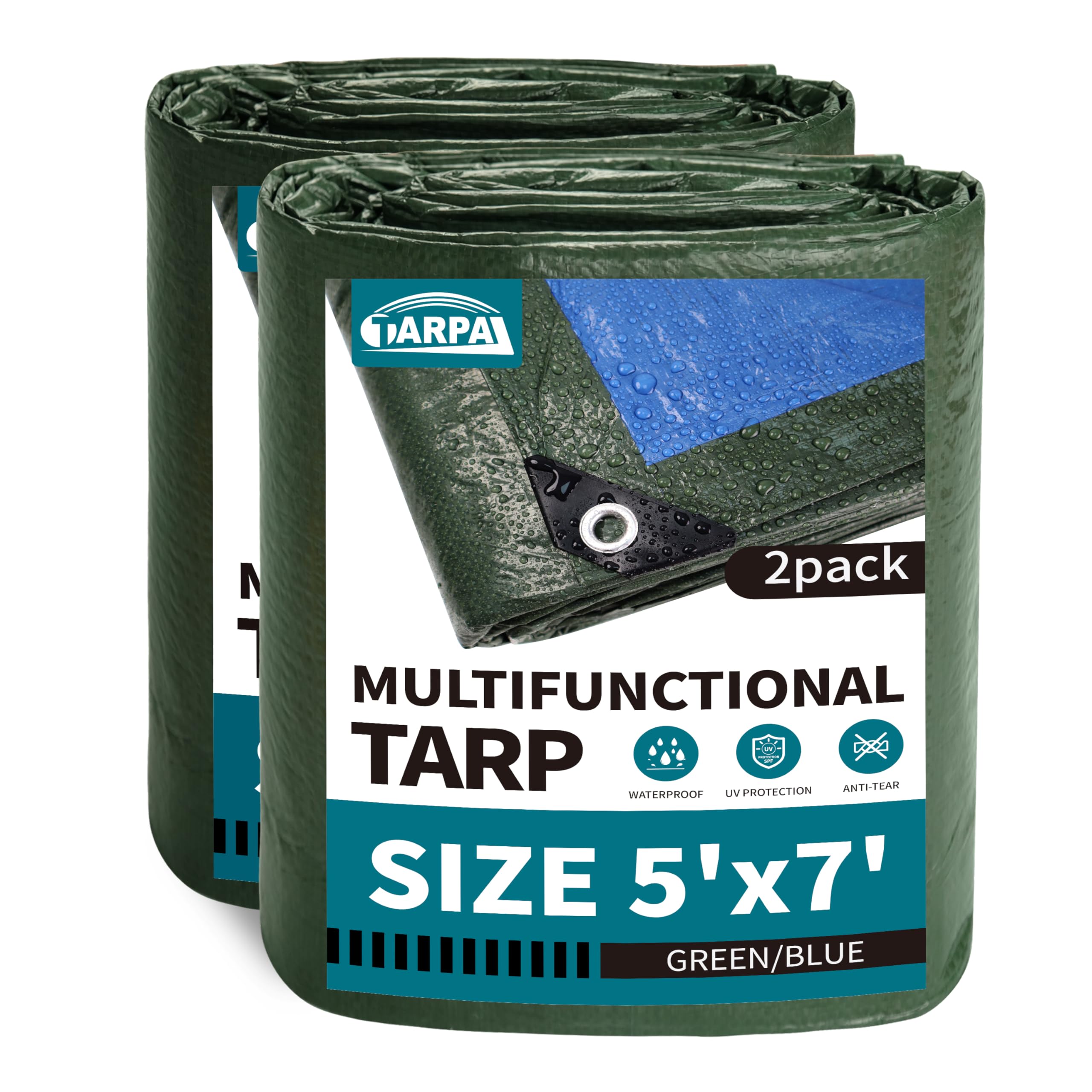 TARPAL 5x7 Green Tarp Waterproof (2 Pack) Small tarps Multipurpose ...