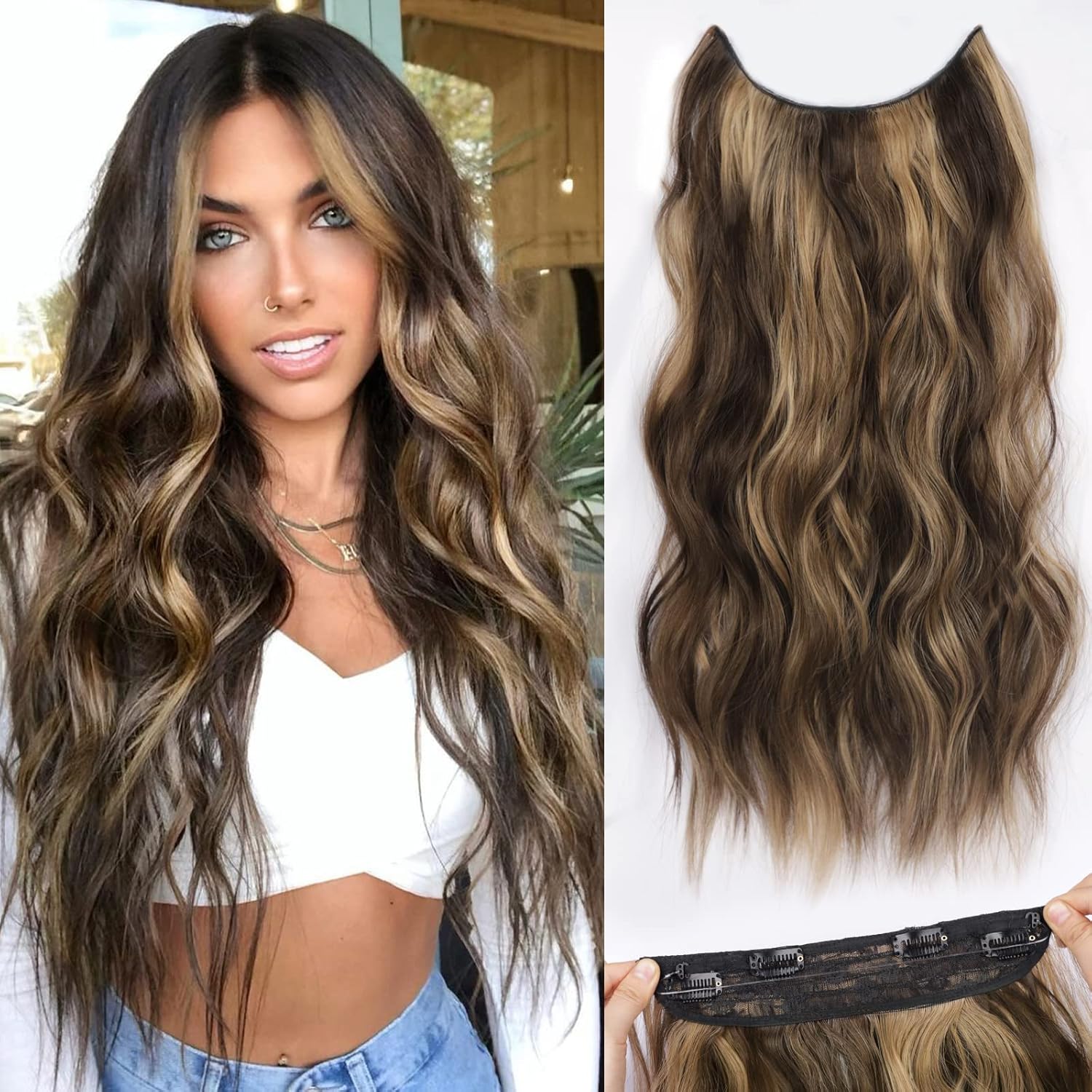 Amazon.com : BooYoor Halo Hair Extensions Invisible Wire Hair ...