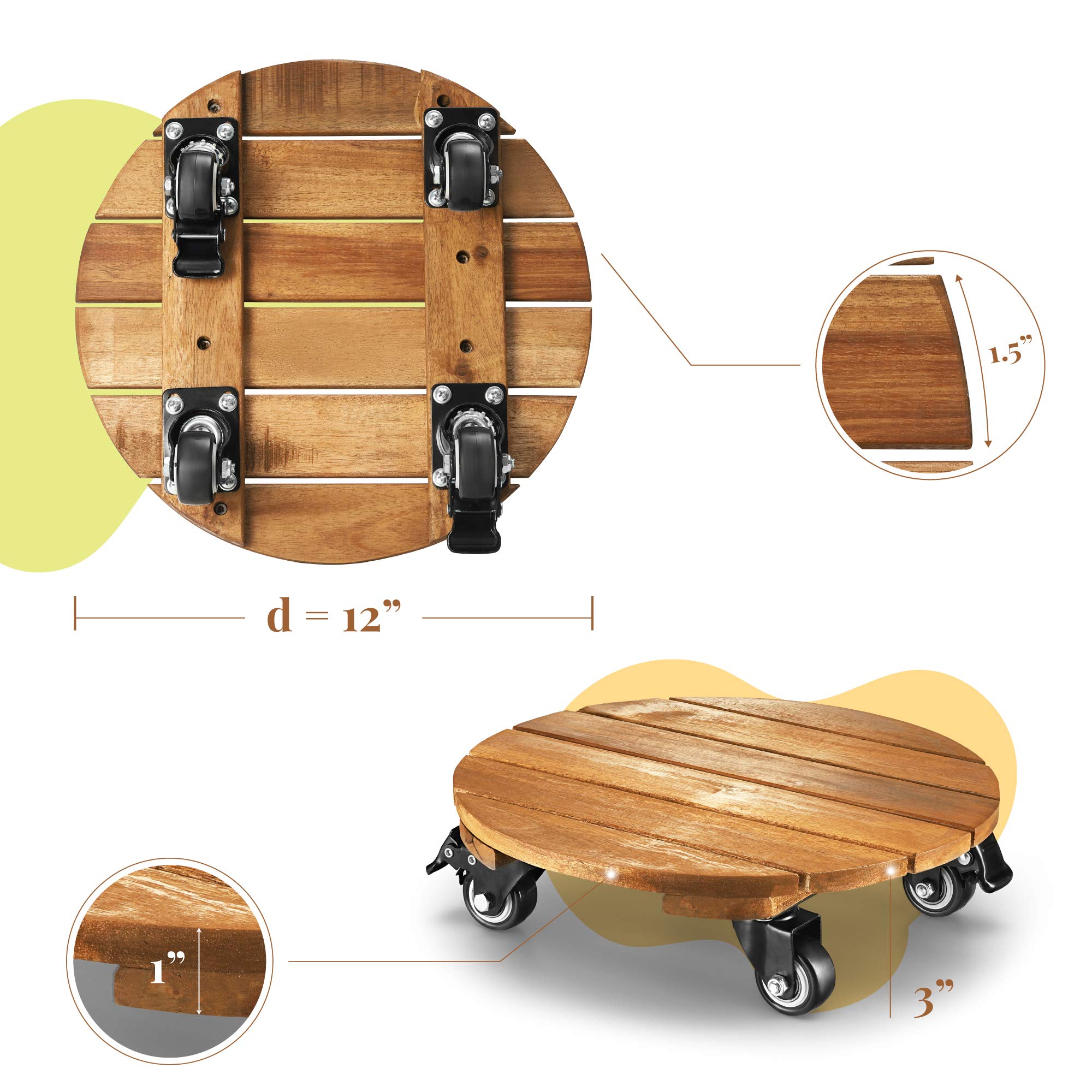 LITADA Acacia Wood Plant Caddy (Set of 2) Plant Dolly Heavy Duty, 12 ...