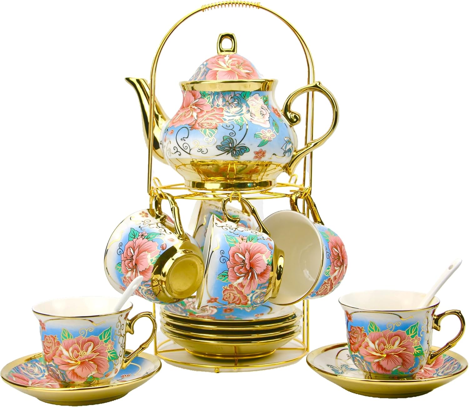 Amazon.com | 20 Pieces Porcelain Tea Set With Metal Holder, European ...