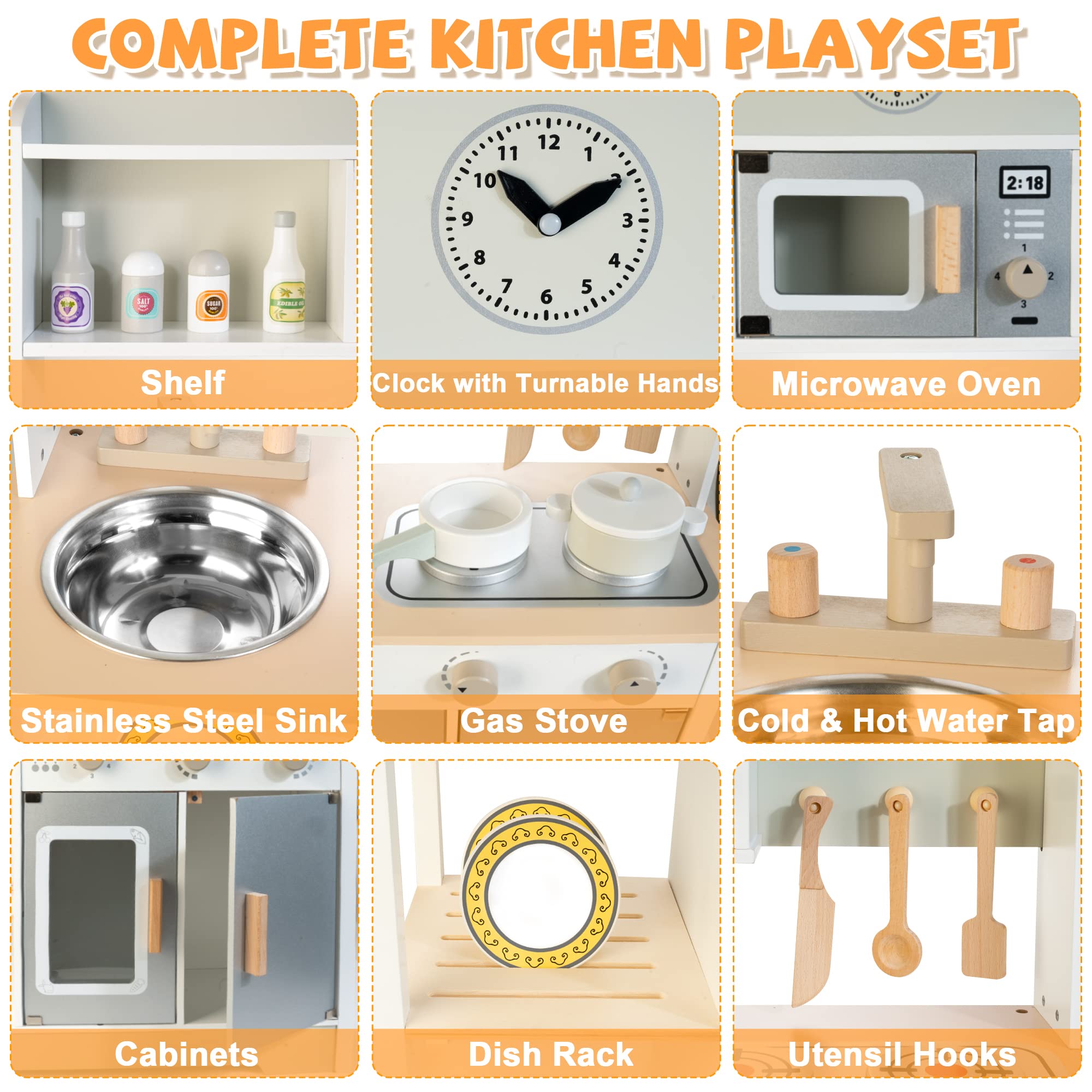 WOODMAM Wooden Kitchen Set for Kids, Realistic Pretend Play Kitchen ...