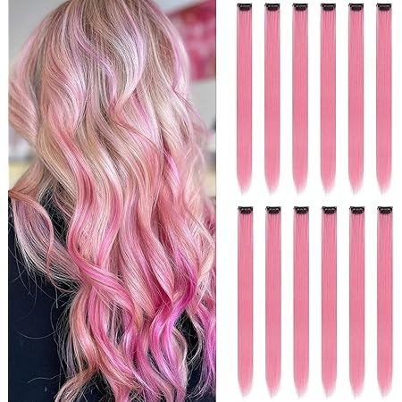 Amazon.com: 12PCS Colored Pink Hair Extensions Party Highlights ...