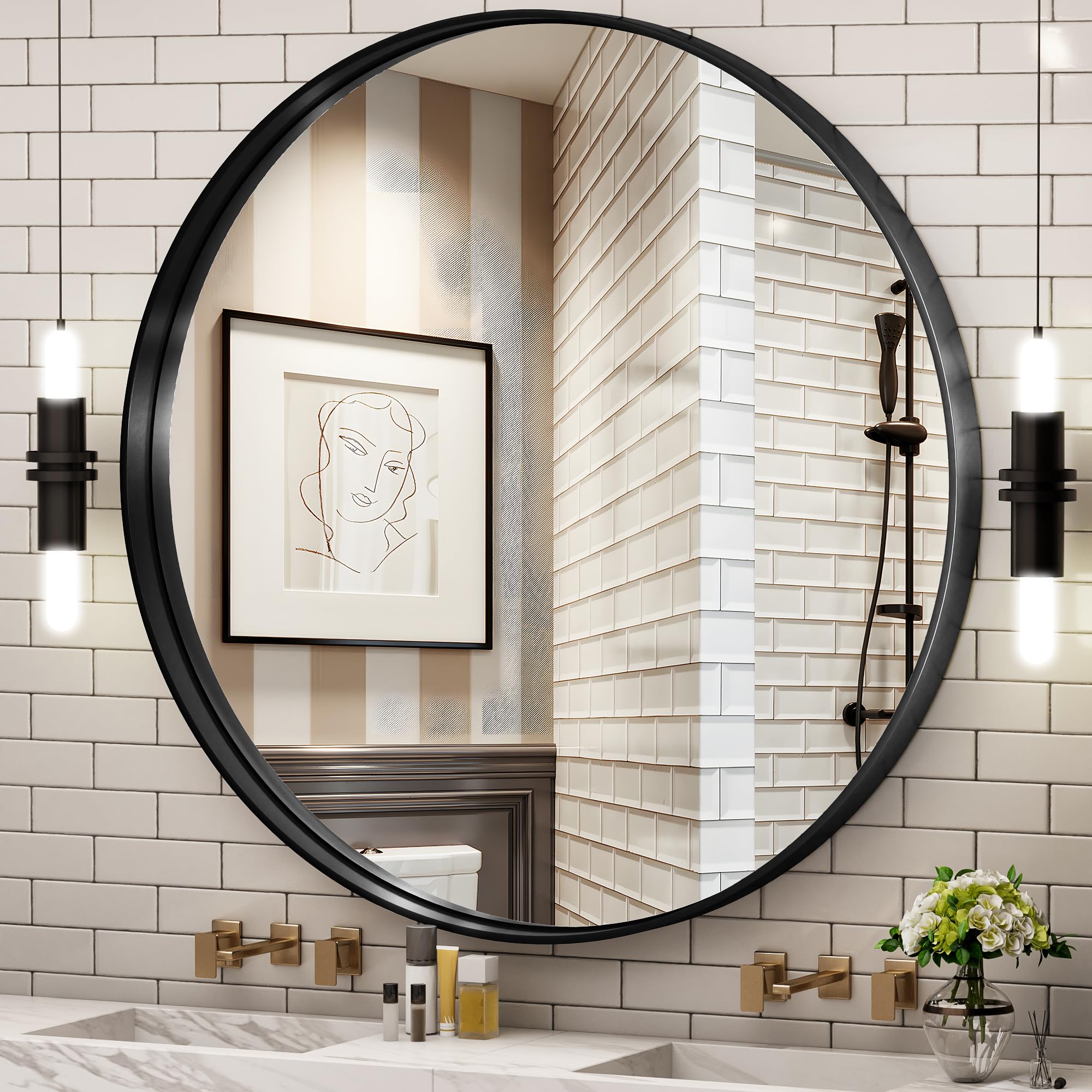 Hasipu 32 Inch Wall Mirror for Bathroom, Round Black Metal Frame ...