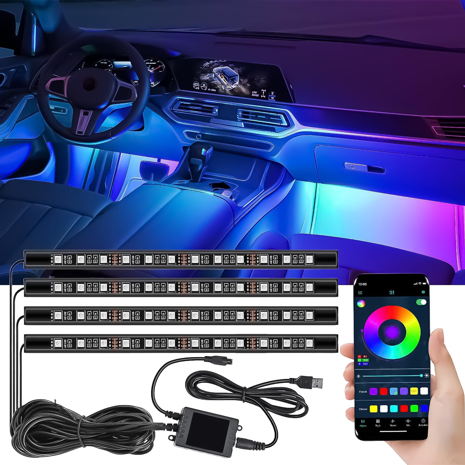 Govee Striscia LED Auto con APP, Luci LED Interne con 9 Colori ...