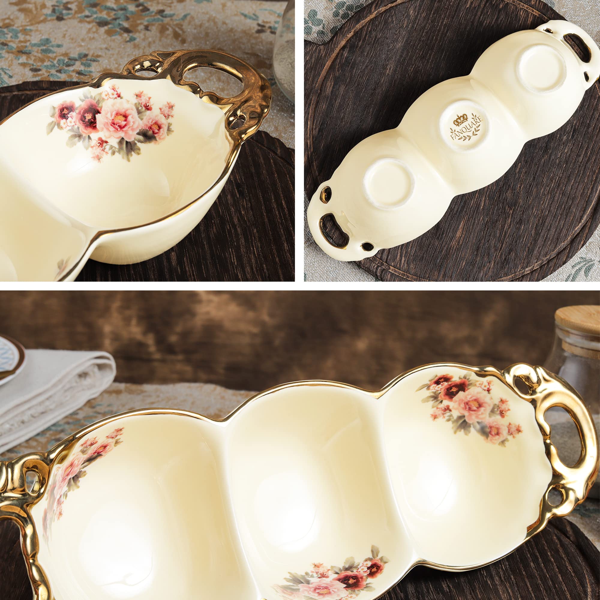 Snapklik.com : Fanquare Gold Porcelain Snack Bowl, Floral 3 Compartment ...