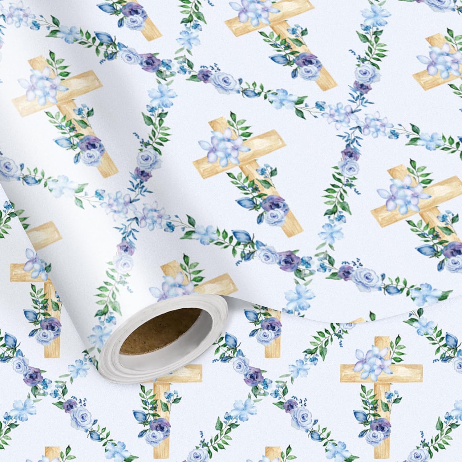 Amazon.com: LeZakaa Easter Wrapping Paper Roll, Blue Floral Cross ...