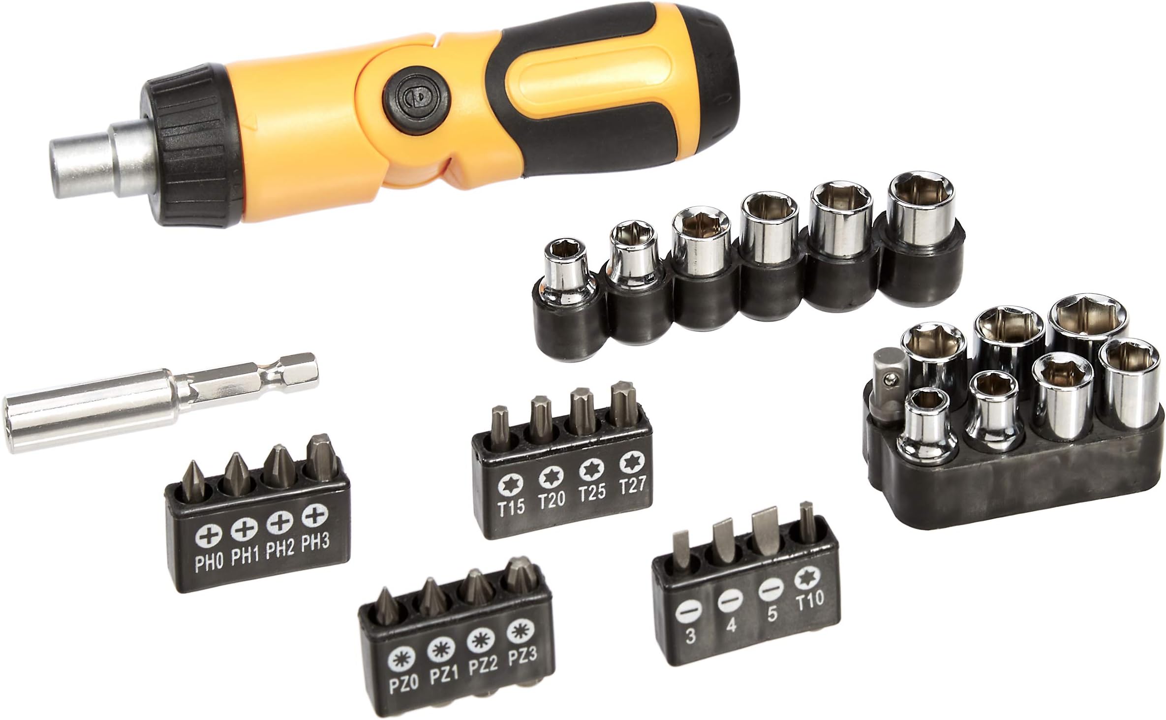 Amazon Basics Ratcheting Screwdriver and Bits Set - 32-Piece, Yellow ...