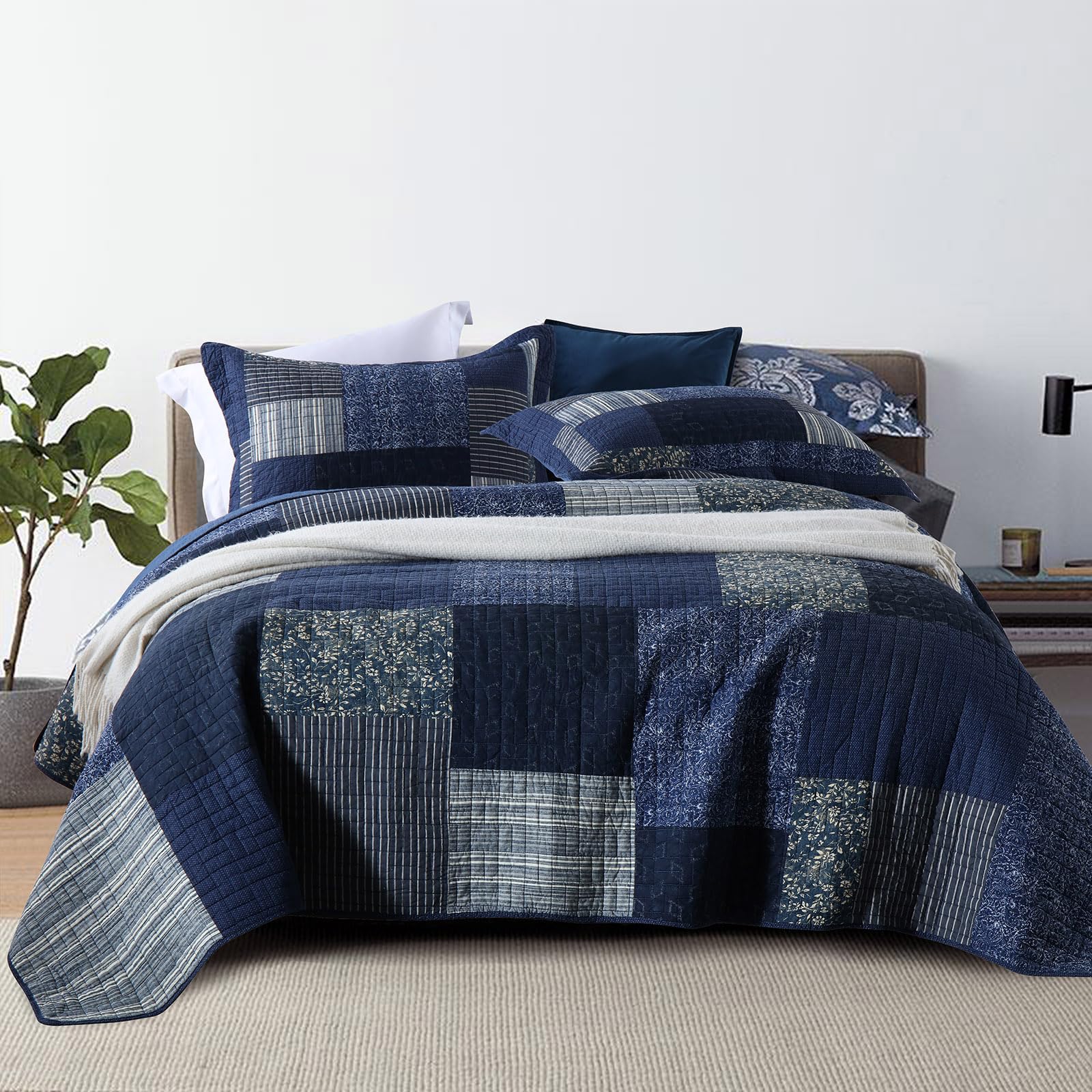 Amazon.com: mixinni Navy Blue Quilt Set King Size, 100% Cotton ...