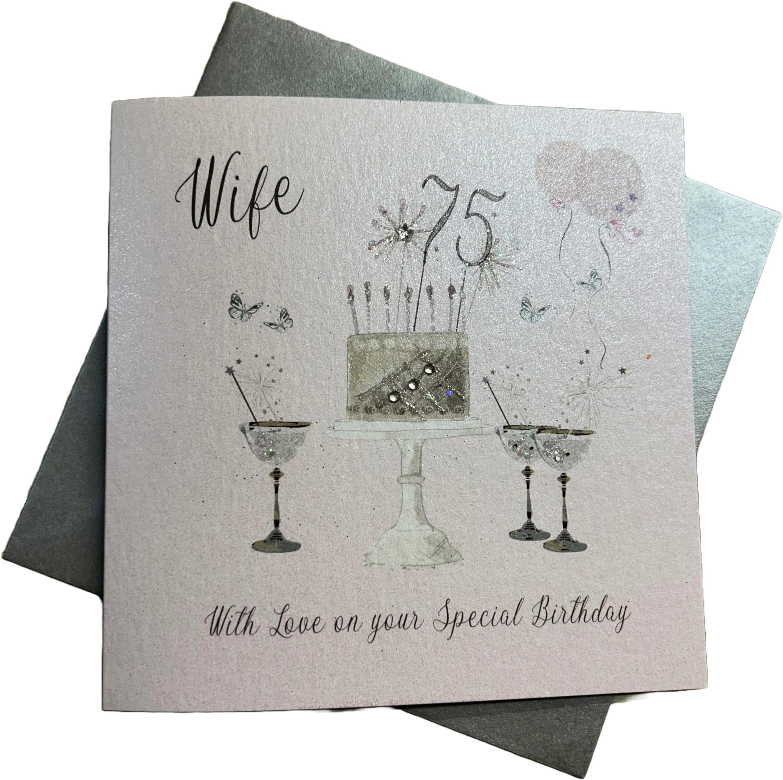 Wife 75th Birthday Card - Flowers with an Embossed Foil Flitter Finish ...