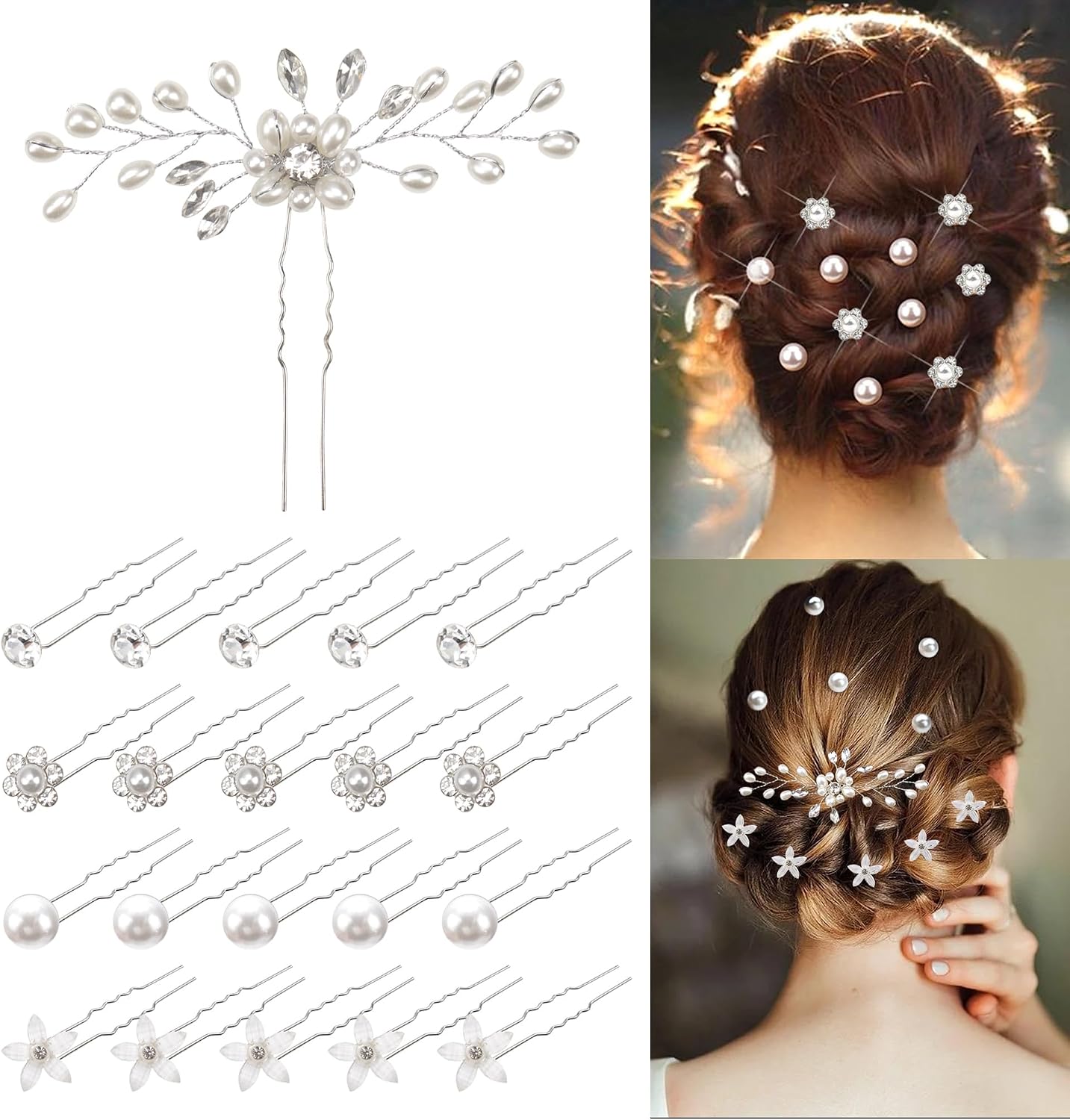 MiDoDo 21 Pieces Wedding Hair Pins Bridal Pearl Rhinestone Diamond Hair ...