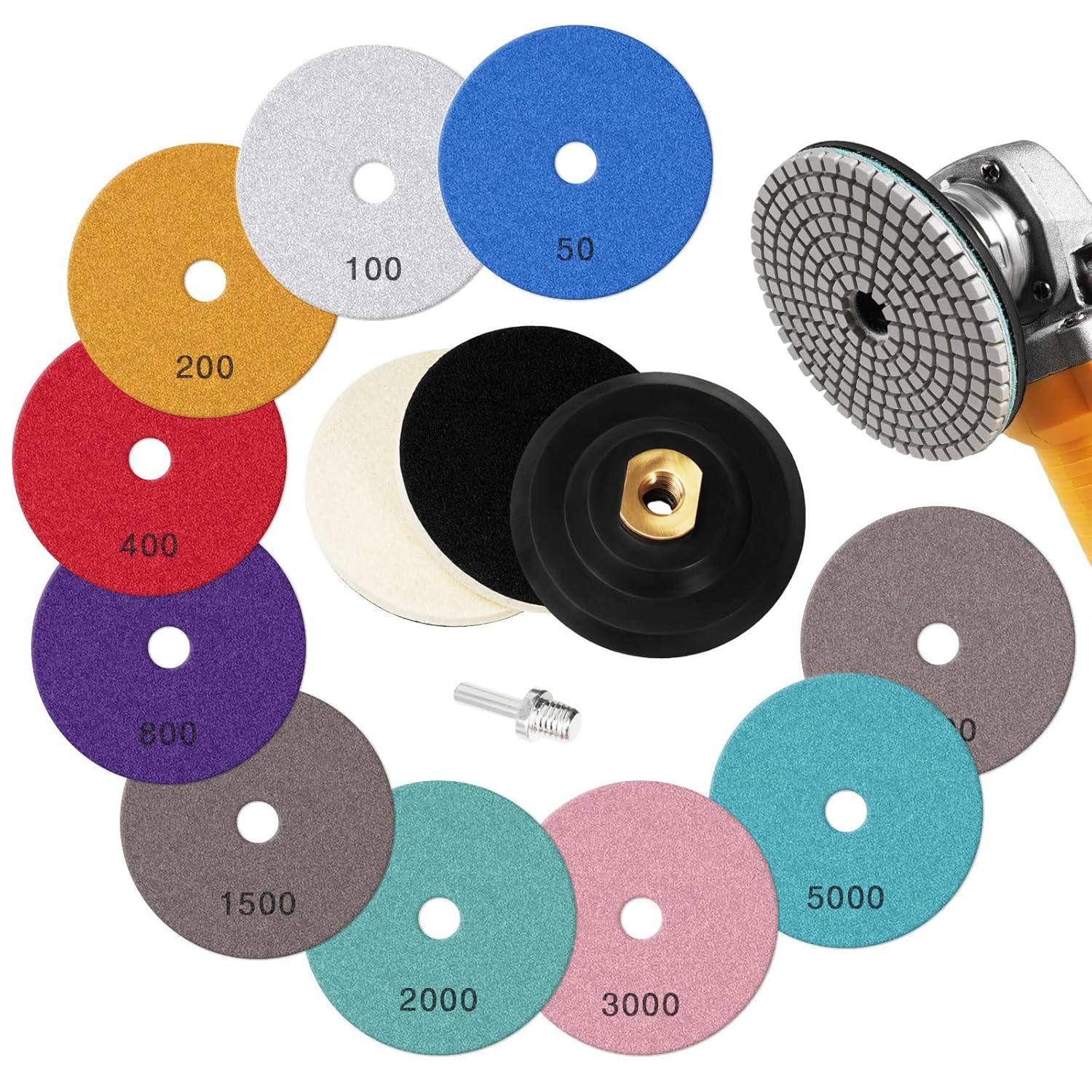 14PACK Diamond Polishing Pads Kit with M14 Backer Pad, 100mm Wet/Dry ...