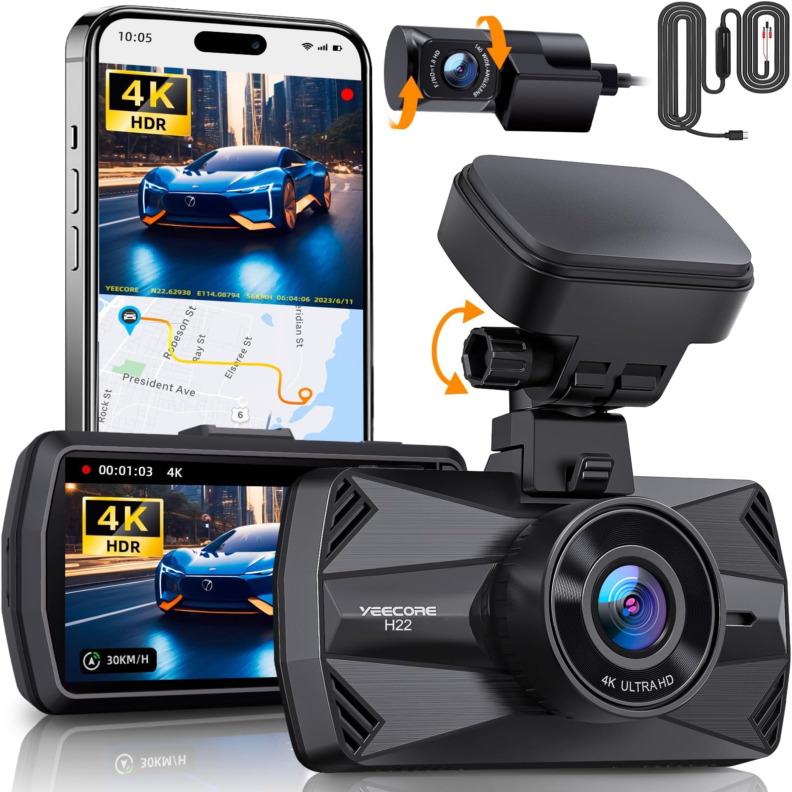 Amazon.com: Bundle: H22 Dual Dash Cam + Hardwire Kit USB Type-C ...