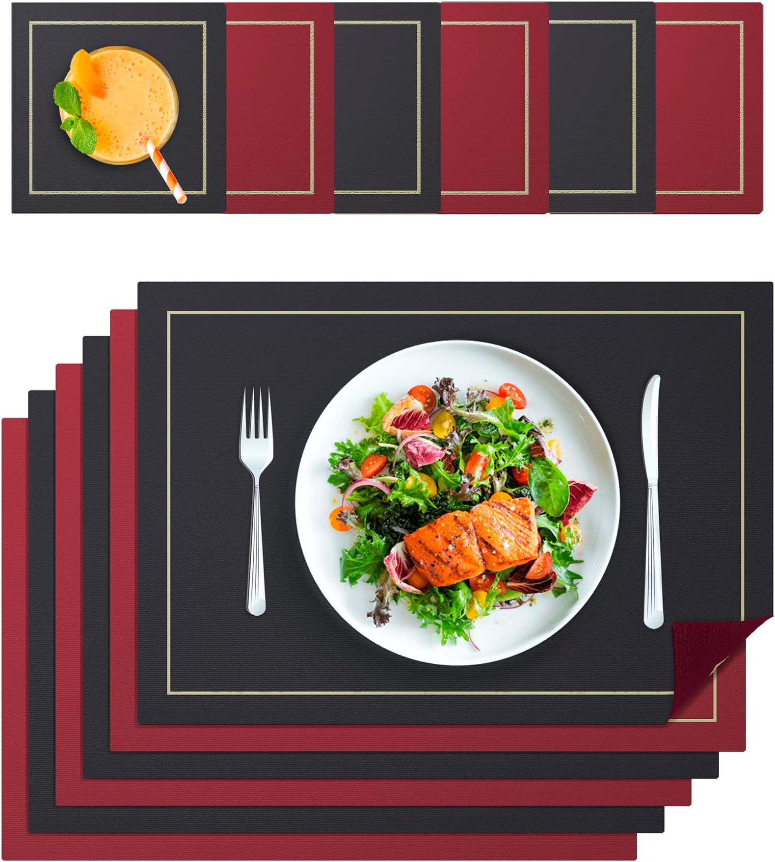 Amazon.com: Reversible Red/Black Placemats Set of 6 with Coasters ...