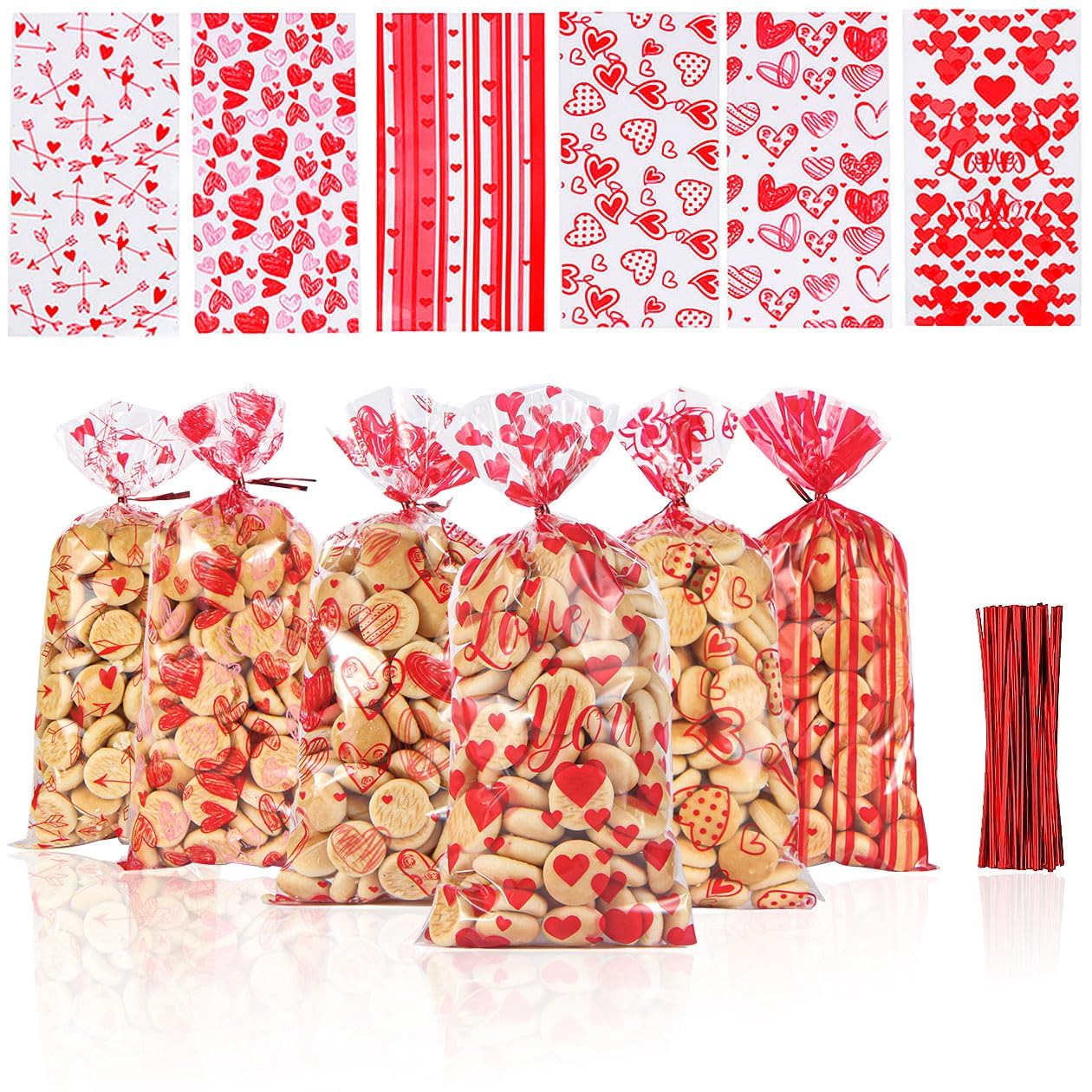 100Pcs Valentine Sweet Bags, Red Love Heart Bags with Twist Ties ...