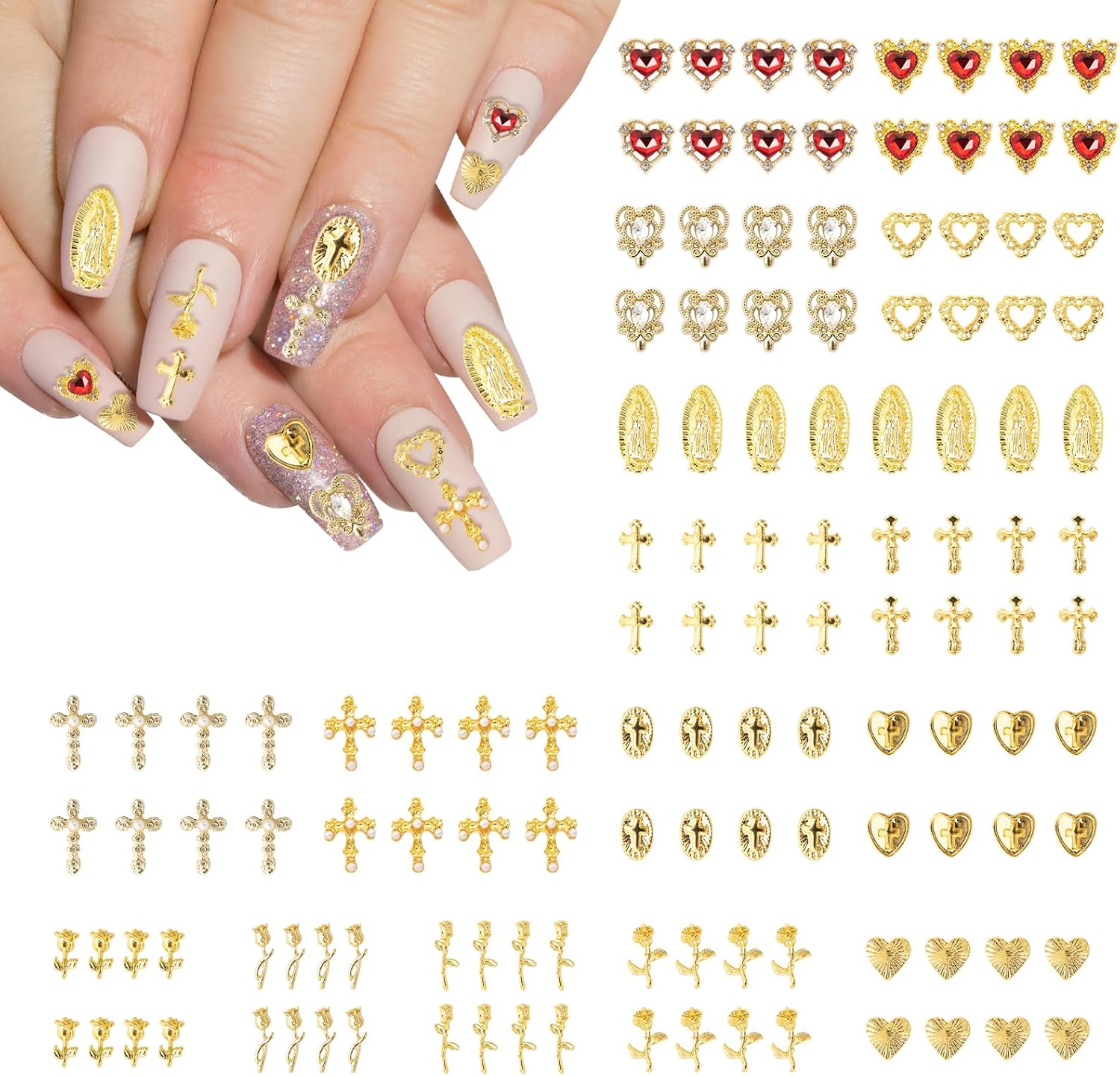 128 Pcs Gold Nail Charms,Nail Gems and Charms, Cross, Rose,Hearts ...
