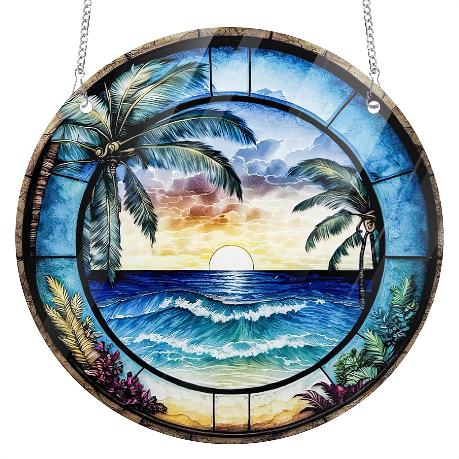 Amazon.com: Blue Setting Sun 7.87" Stained Glass Window Hanging Sun ...