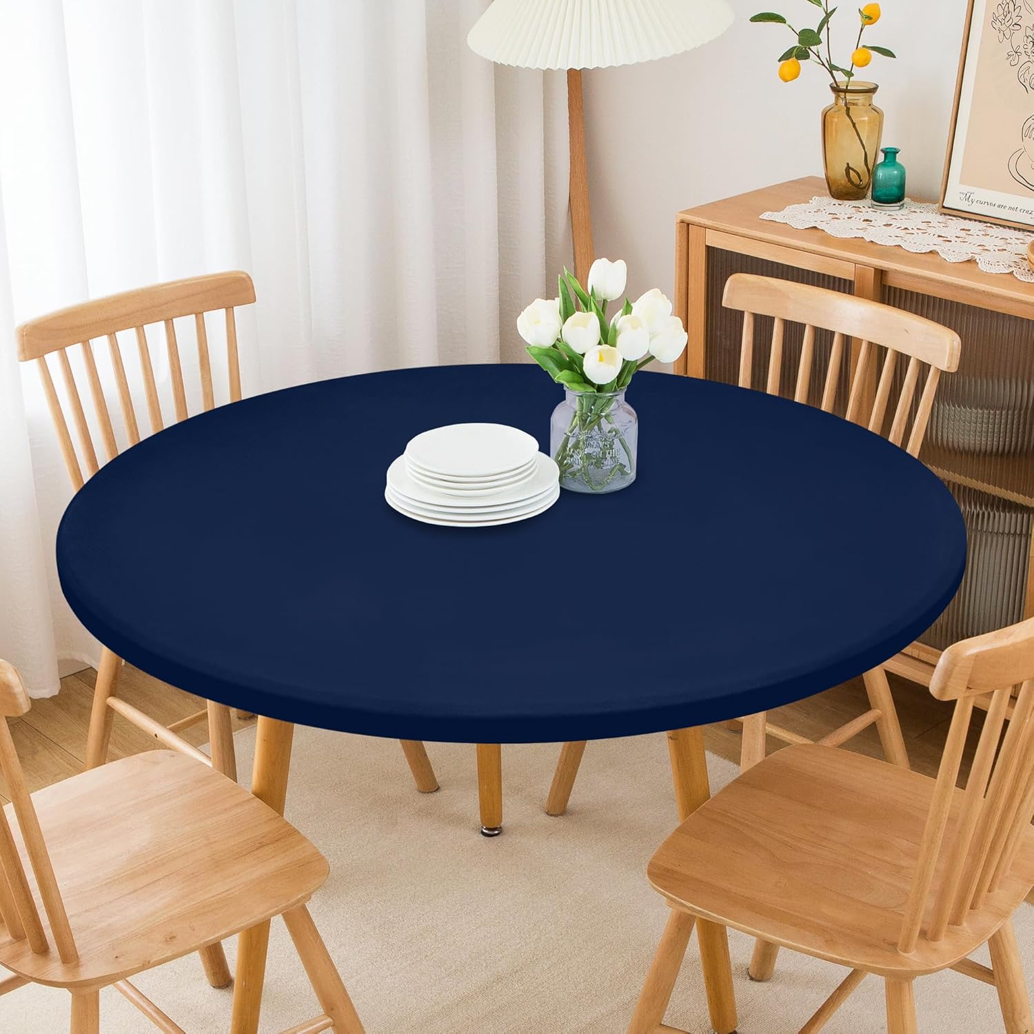 Amazon.com: eeivs Navy Round Fitted Tablecloth Spandex Stretchable End ...