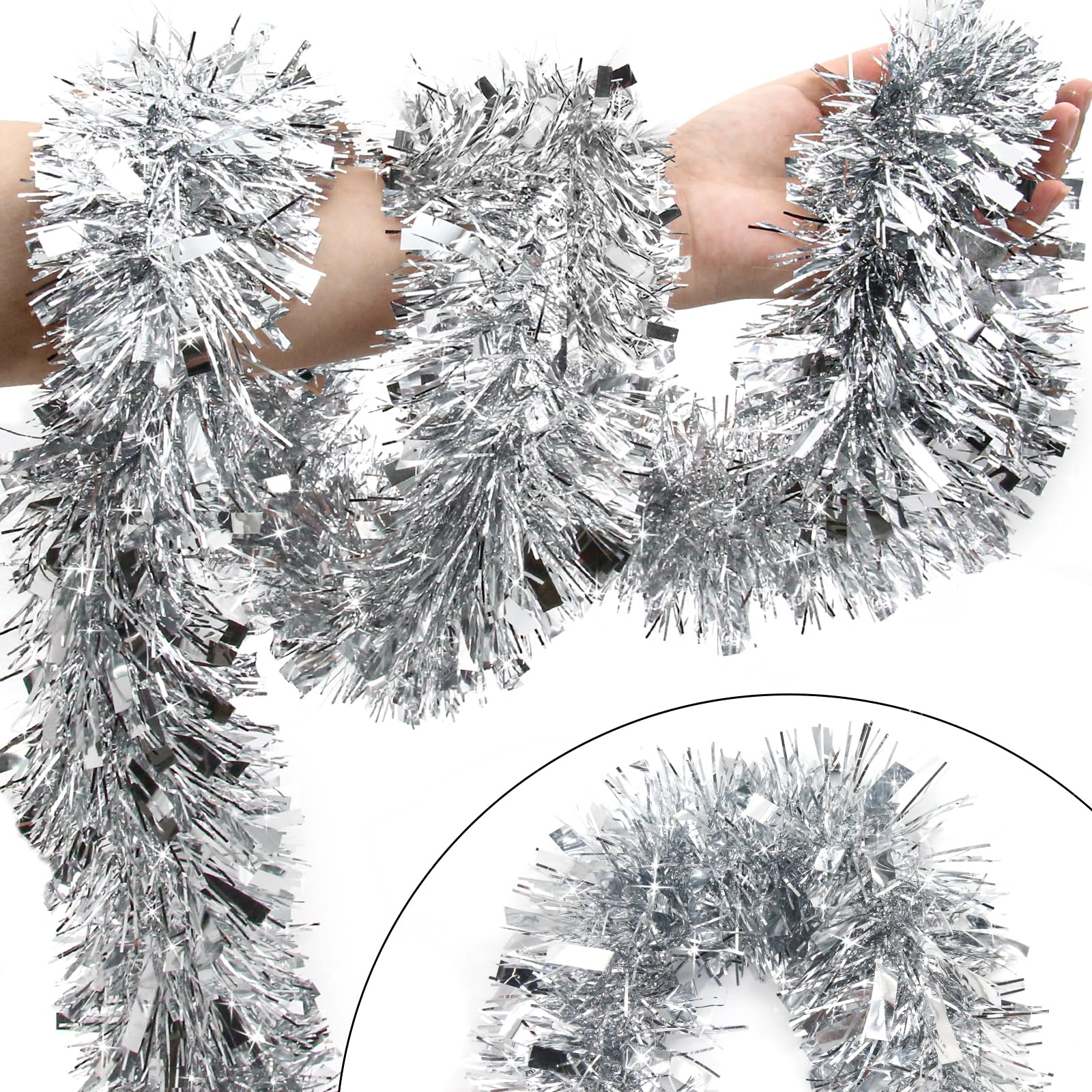 Amazon.com: 50FT Silver Christmas Tinsel Garland Decorations - Metallic ...
