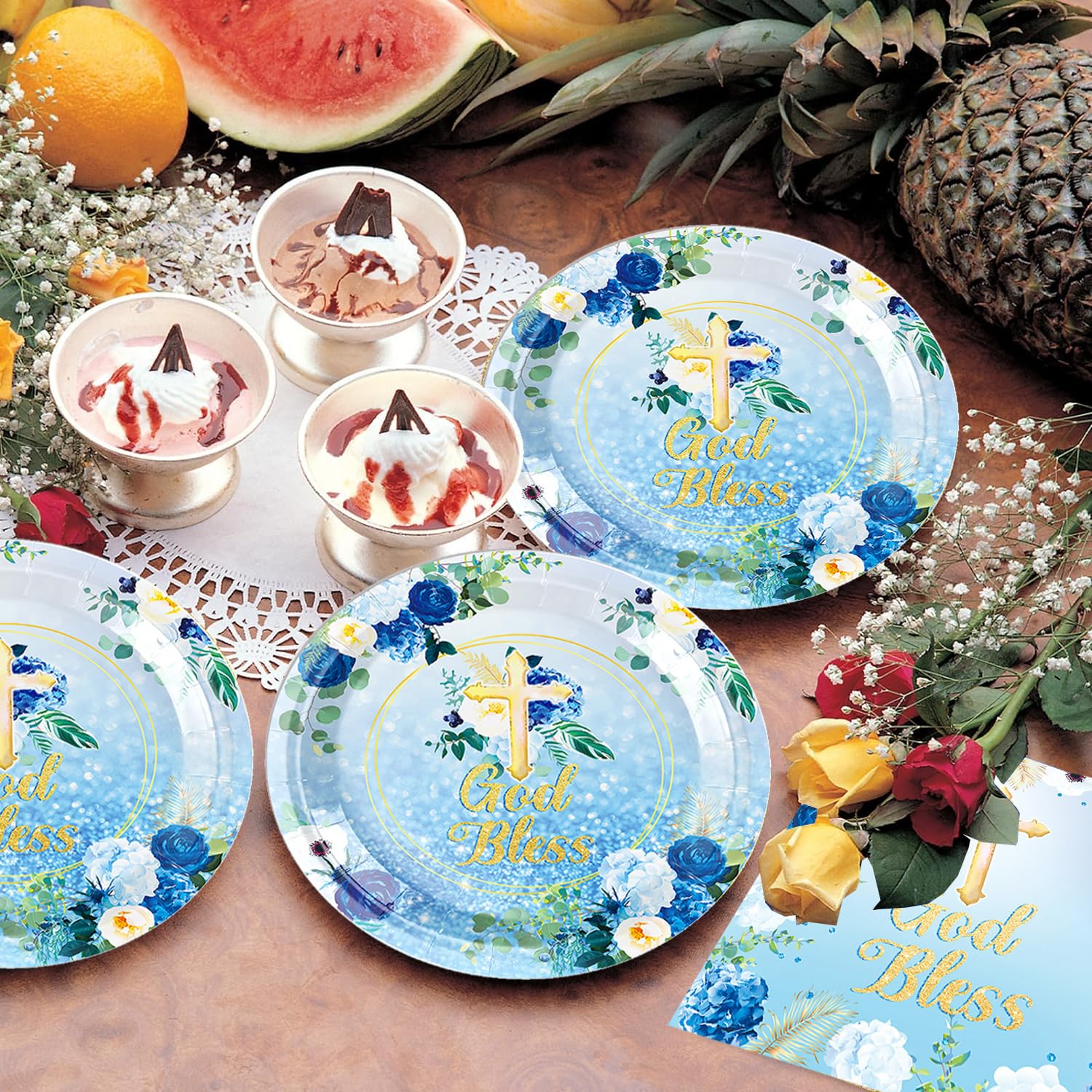 Snapklik.com : Blue God Bless Plates And Napkins Baptism First Holy ...