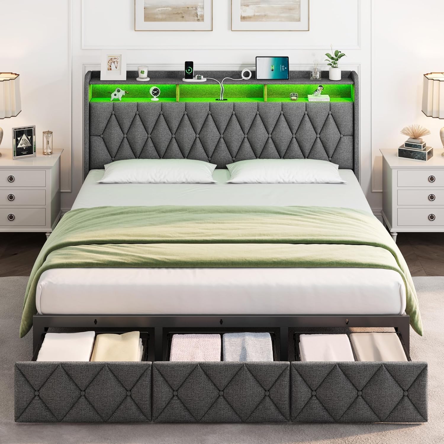 Amazon.com: Full Size Bed Frame with Headboard and Storage Drawers ...