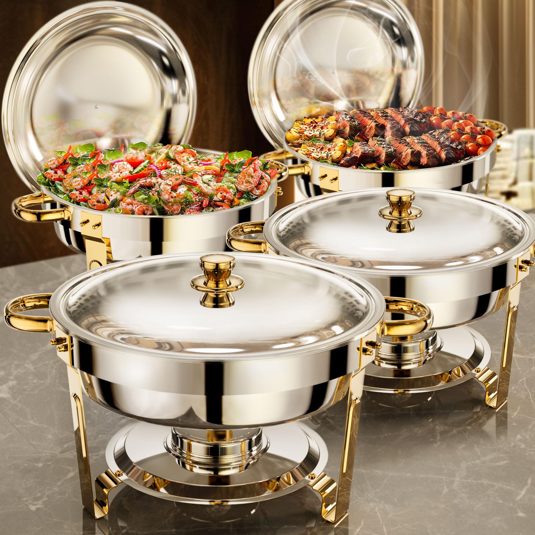 Snapklik.com : Gold Chafing Dishes For Buffet, 5QT 4 Pack Round Chafing ...