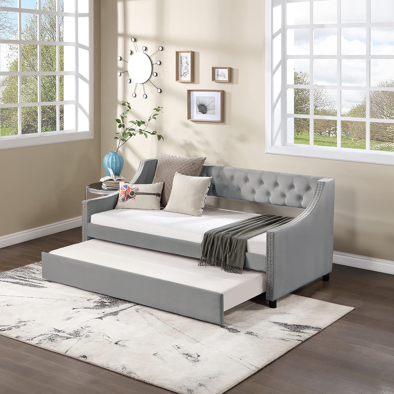 Amazon.com: HomSof Full Size Upholstered Daybed with Trundle, Sofa Bed ...