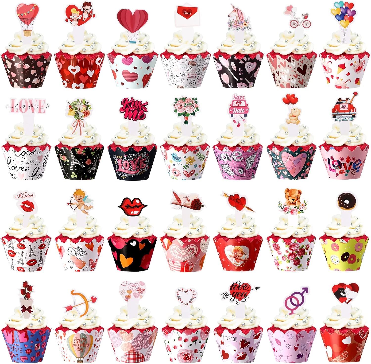 Amazon.com: 56 Pcs Valentines Day Cupcake Toppers Wrappers Set 28 Heart ...