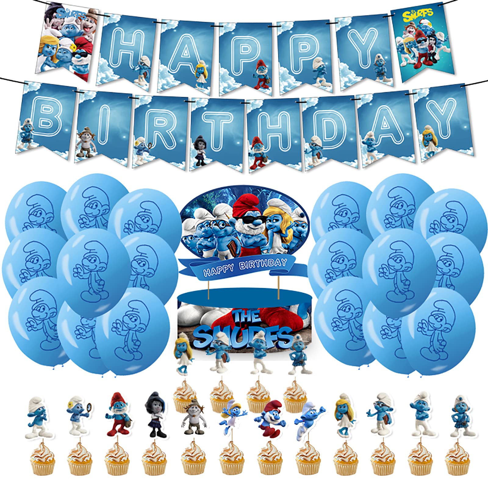 Rzdqzy Birthday Decorations Blue Smurf Balloons Banner And Cake Toppers ...