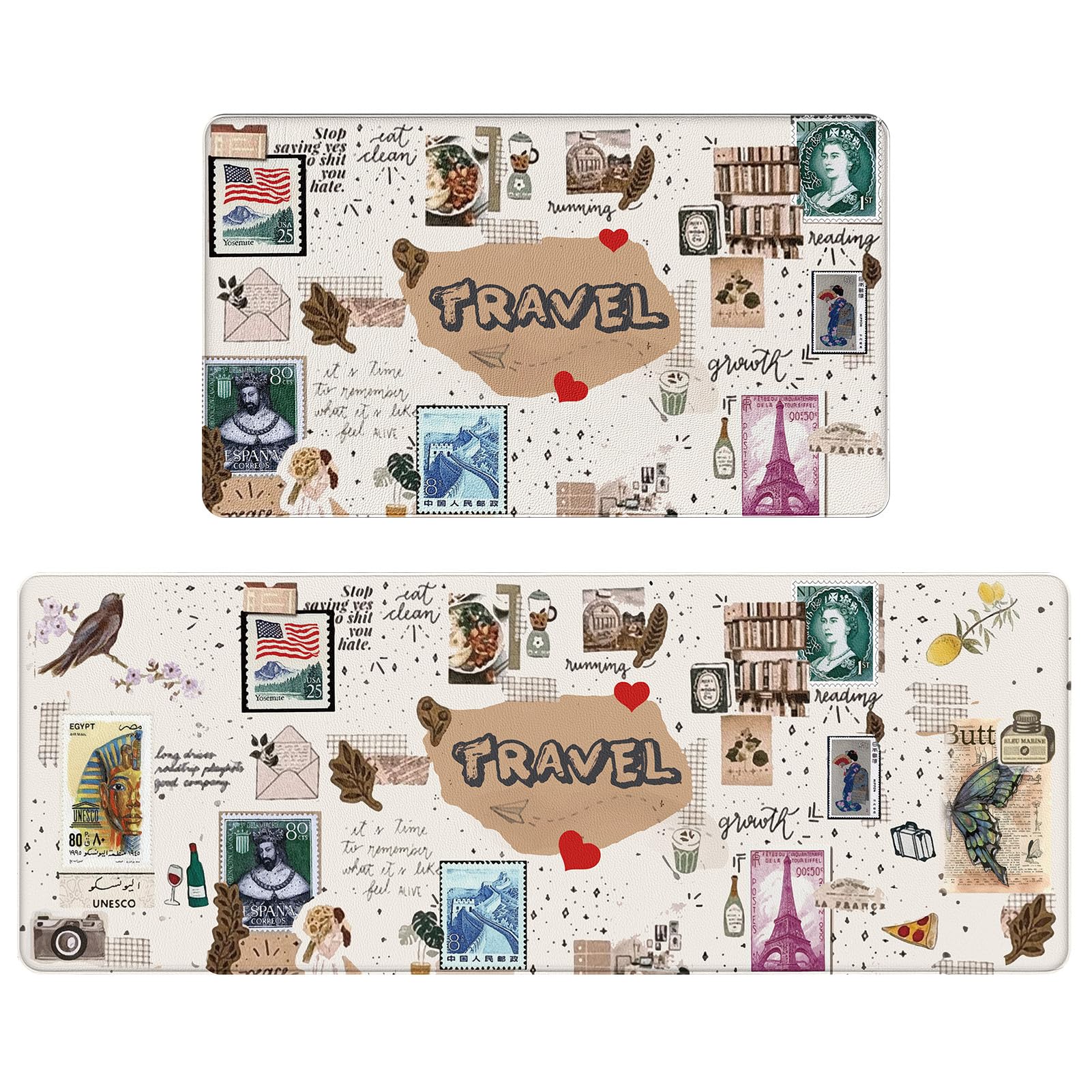 PETAFLOP Kitchen Mats and Rugs Set of 2, Stamp-Pattern Travel Theme Non ...
