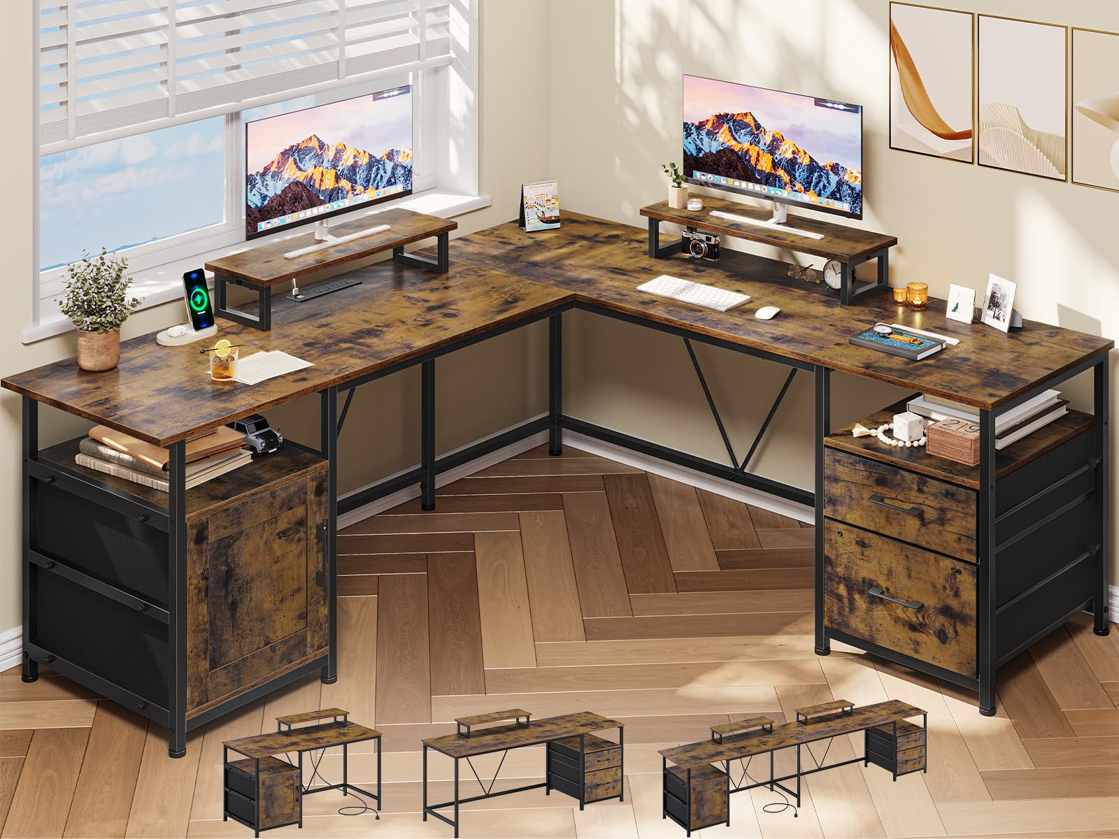 Amazon.com: UPOSOJA 67in L Shaped Computer Desk with Power Outlets, 90 ...
