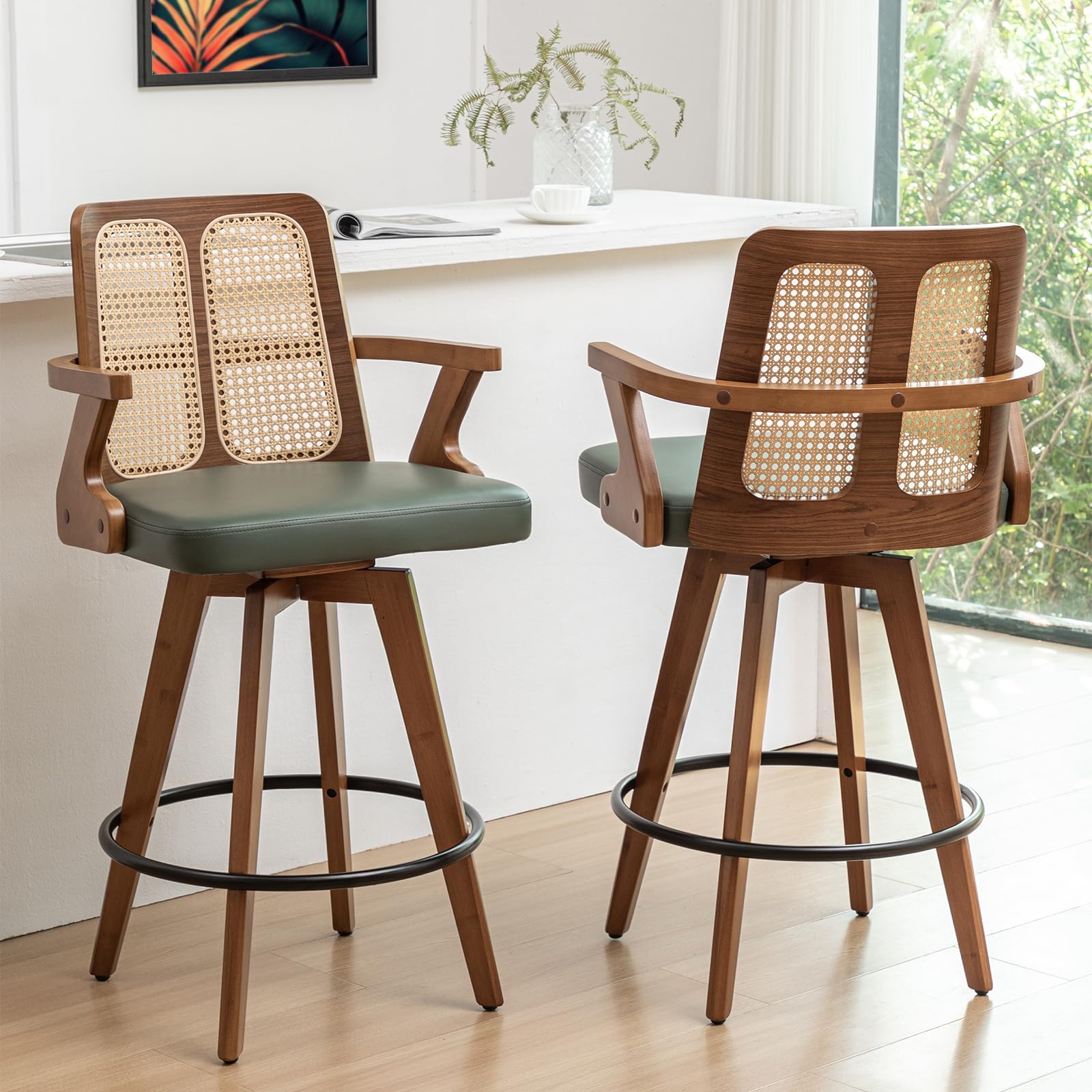 Amazon.com: ALLFONIS Set of 2 Bar Stools - 27 inch Swivel Rattan bar ...