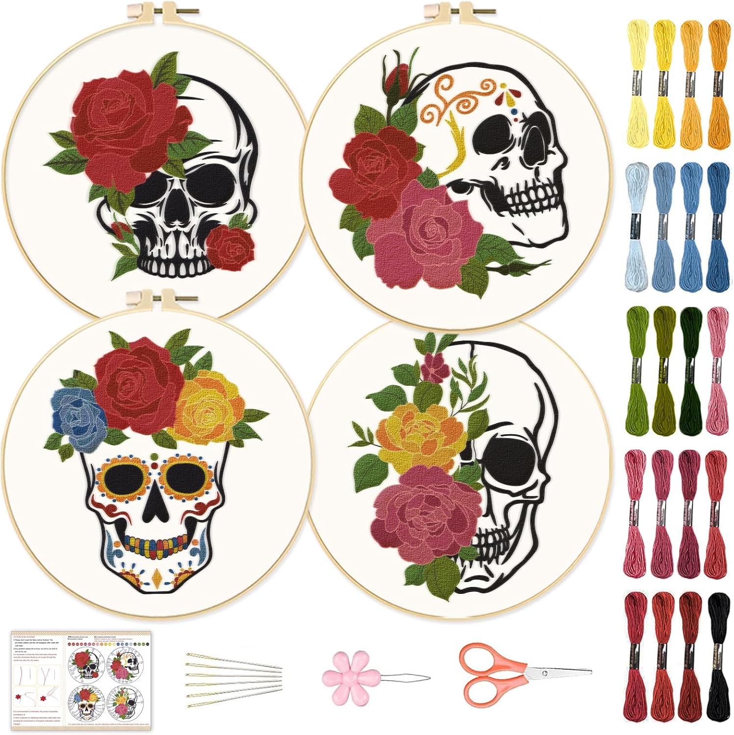 Amazon.com: BEUNITONE 4 PCS Skull Embroidery Kit Flower Cross Stitch ...