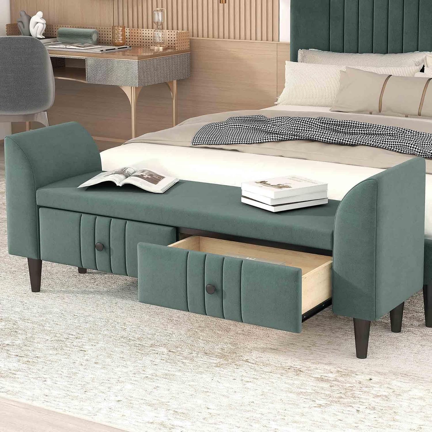 Amazon.com: RIDFY Modern Storage Bed Bench with 2 Drawers and Arms ...