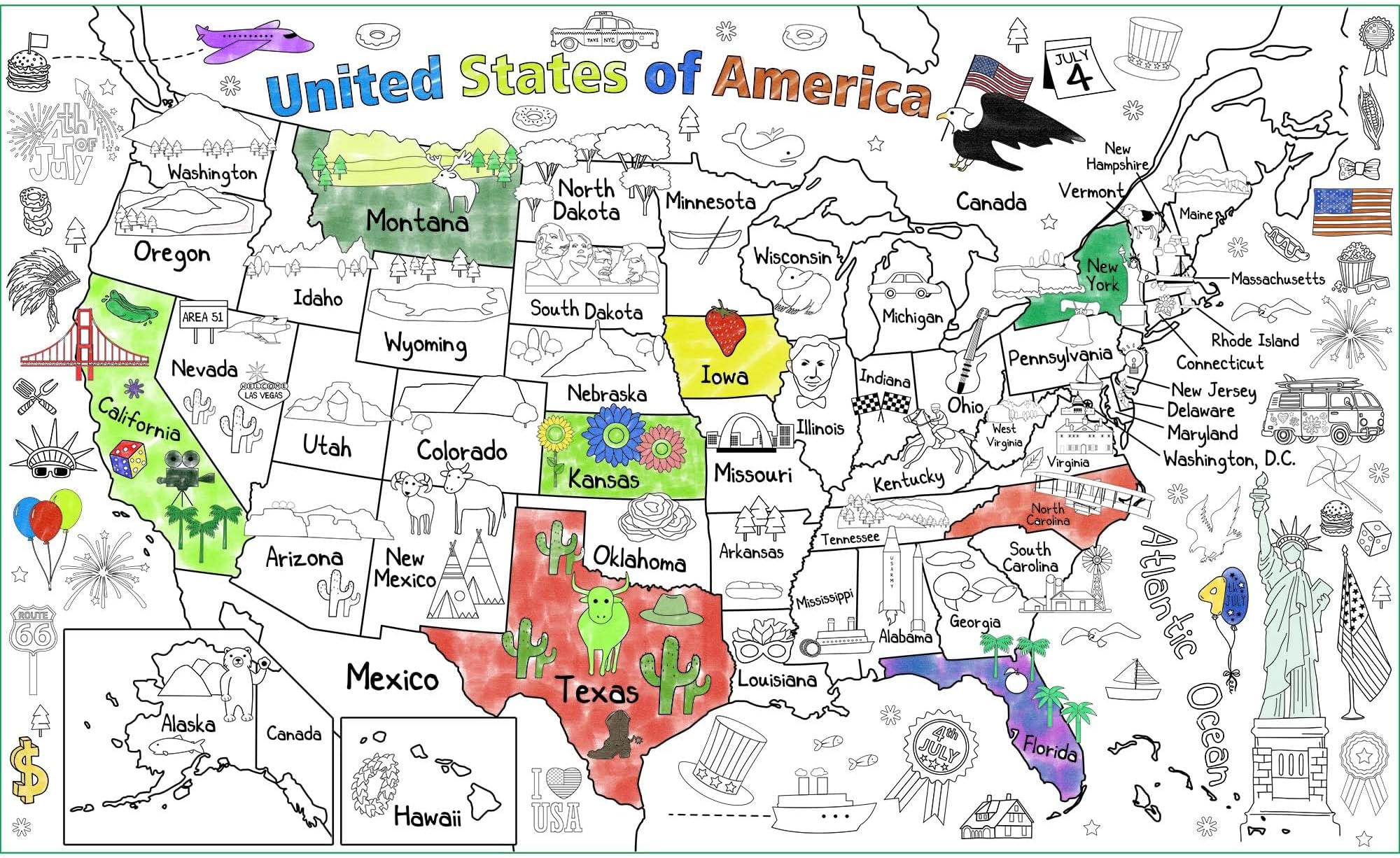 Amazon.com: US Map Coloring Poster for Kids - 54 x 33 Inches Giant ...